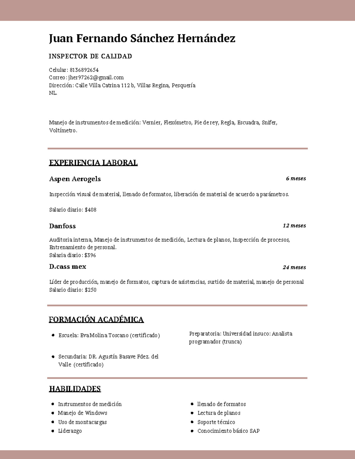 Curriculum CV - asdasf - EXPERIENCIA LABORAL Aspen Aerogels Inspección ...