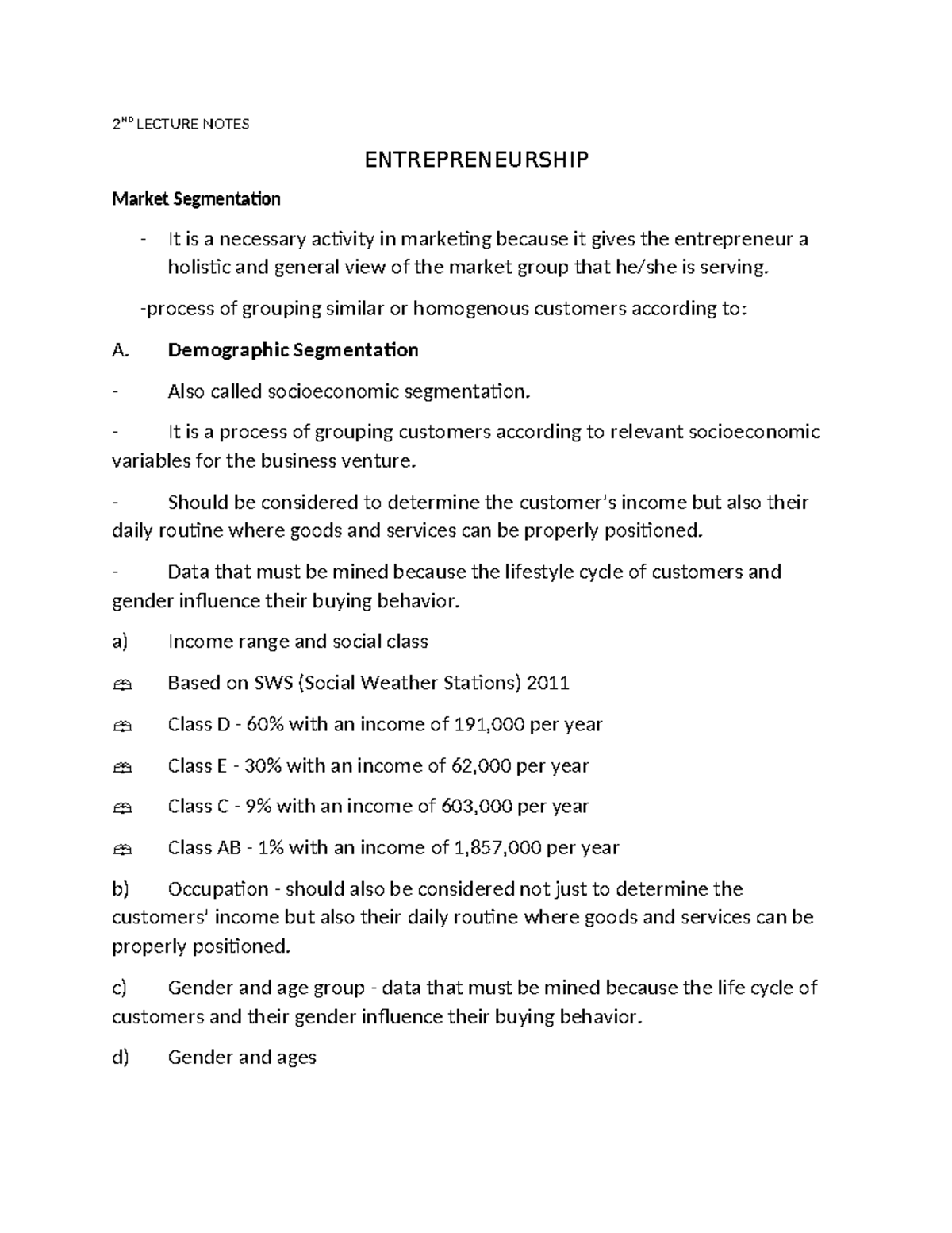 2ND- Lecture- Notes - 2 ND LECTURE NOTES ENTREPRENEURSHIP Market ...