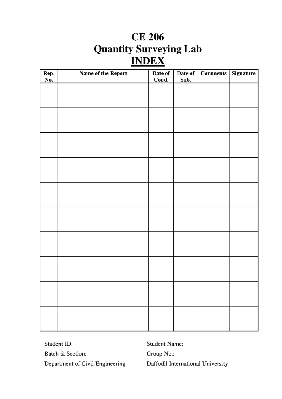 CE 206-Index - Index - Transportation Engineering II Lab - CE 206 Quantity Surveying Lab INDEX ...