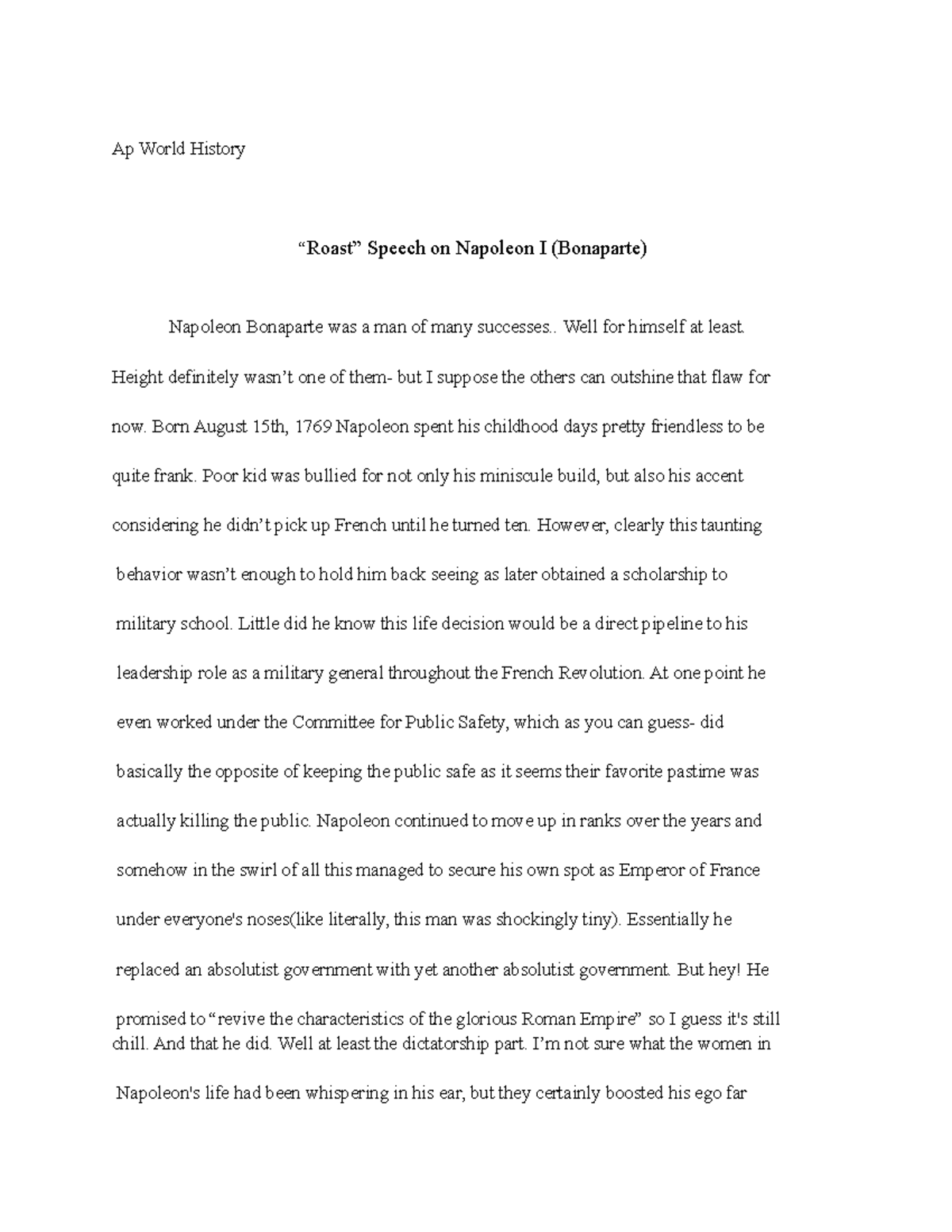 Speech Essay on Napoleon I - AP World History - Ap World History “Roast ...