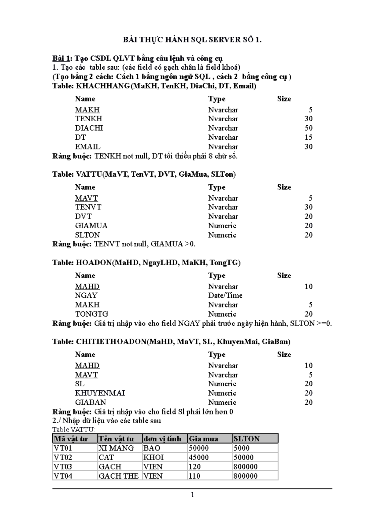 BÀI THỰC HÀNH SQL Server SỐ 1 và 2 - BÀI THỰC HÀNH SQL SERVER SỐ 1. Bài ...