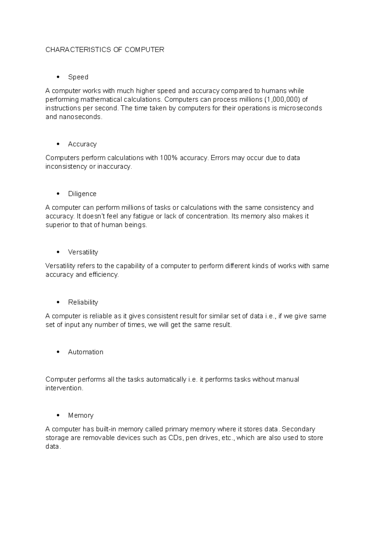 Characteristic of computer - CHARACTERISTICS OF COMPUTER Speed A ...