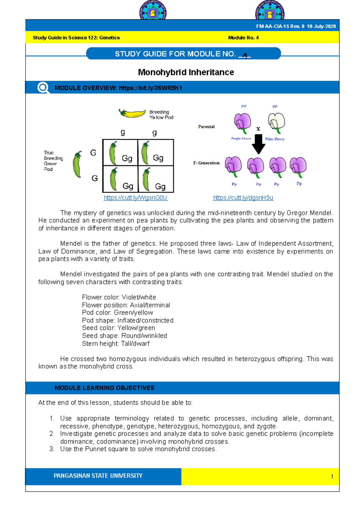Study guide 4 monohybrid inheritance - PANGASINAN STATE UNIVERSITY Study Guide in Science 122 ...