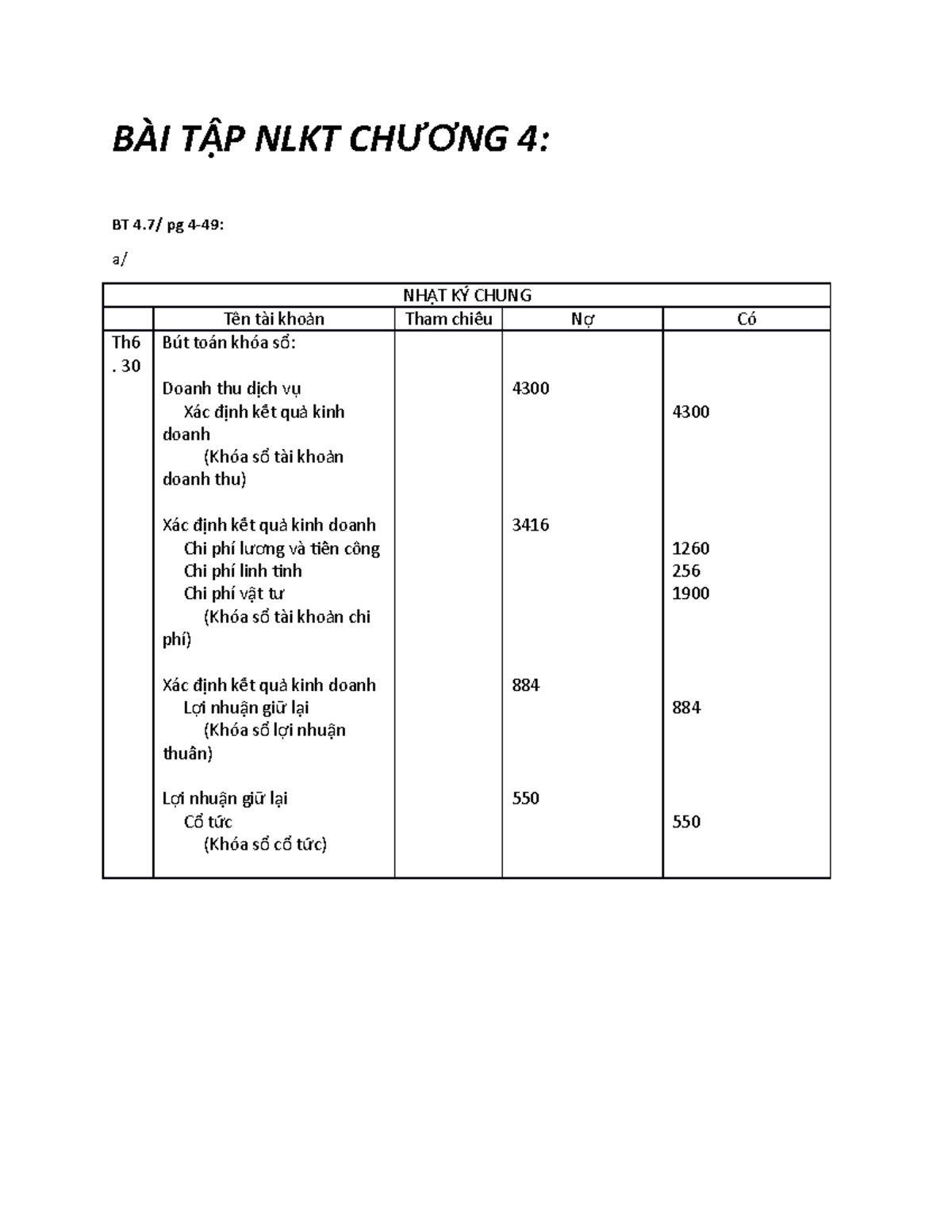 BÀI TẬP NLKT CHƯƠNG 4 - bài tập lớp thầy Việt - BÀI T ẬP NLKT CH ƯƠNG 4: BT 4/ pg 4-49: a/ NH T ...