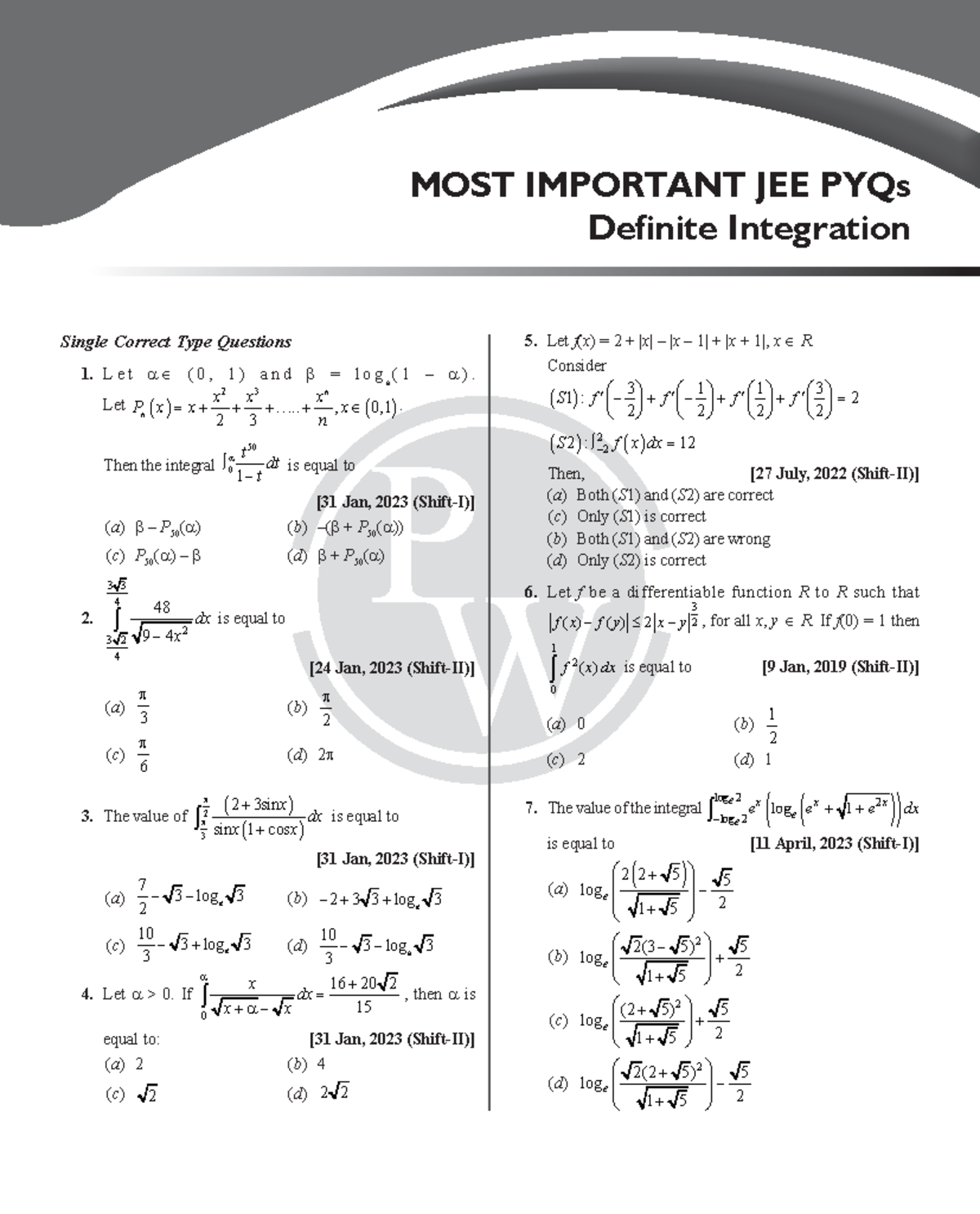 09. Definite Integration - Single Correct Type Questions L e t a ∈ ( 0 ...