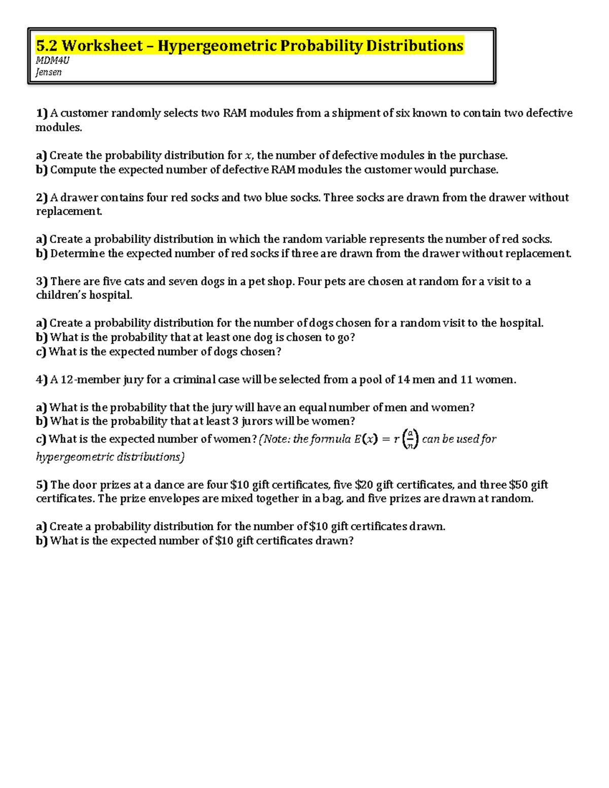 probability distribution - 5 Worksheet – Hypergeometric Probability ...