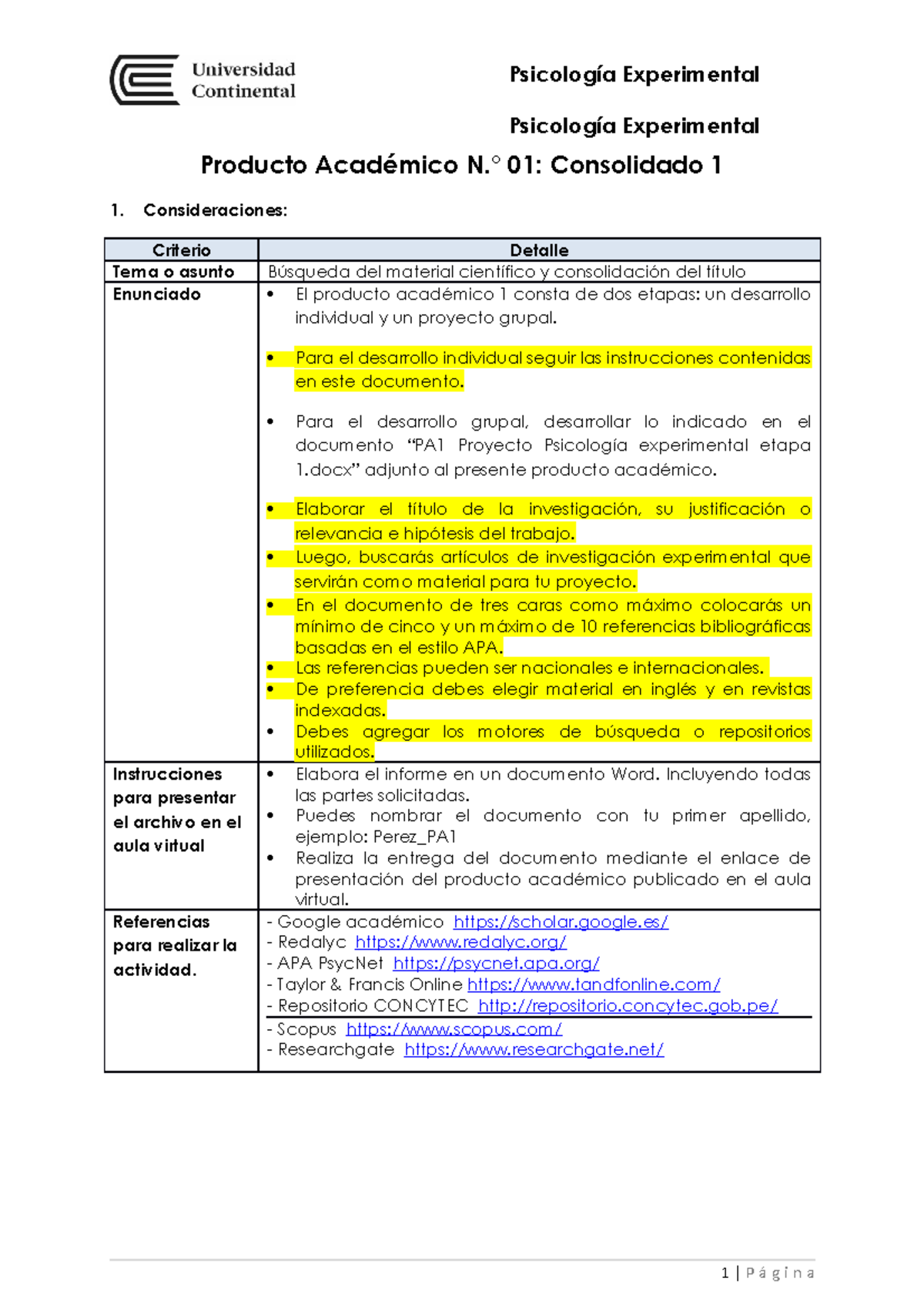 PA1 Psicología Experimental - Producto Académico N.° 01: Consolidado 1 1. Consideraciones ...