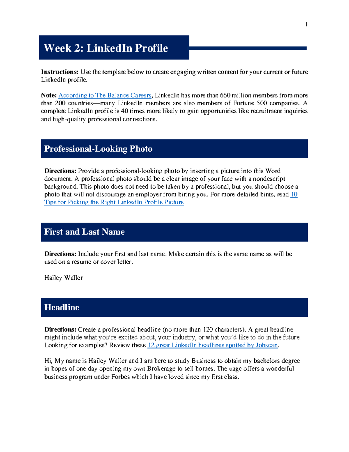 BUS123 Linked In Profile Template updated 5-5-21 - 1 Instructions: Use ...