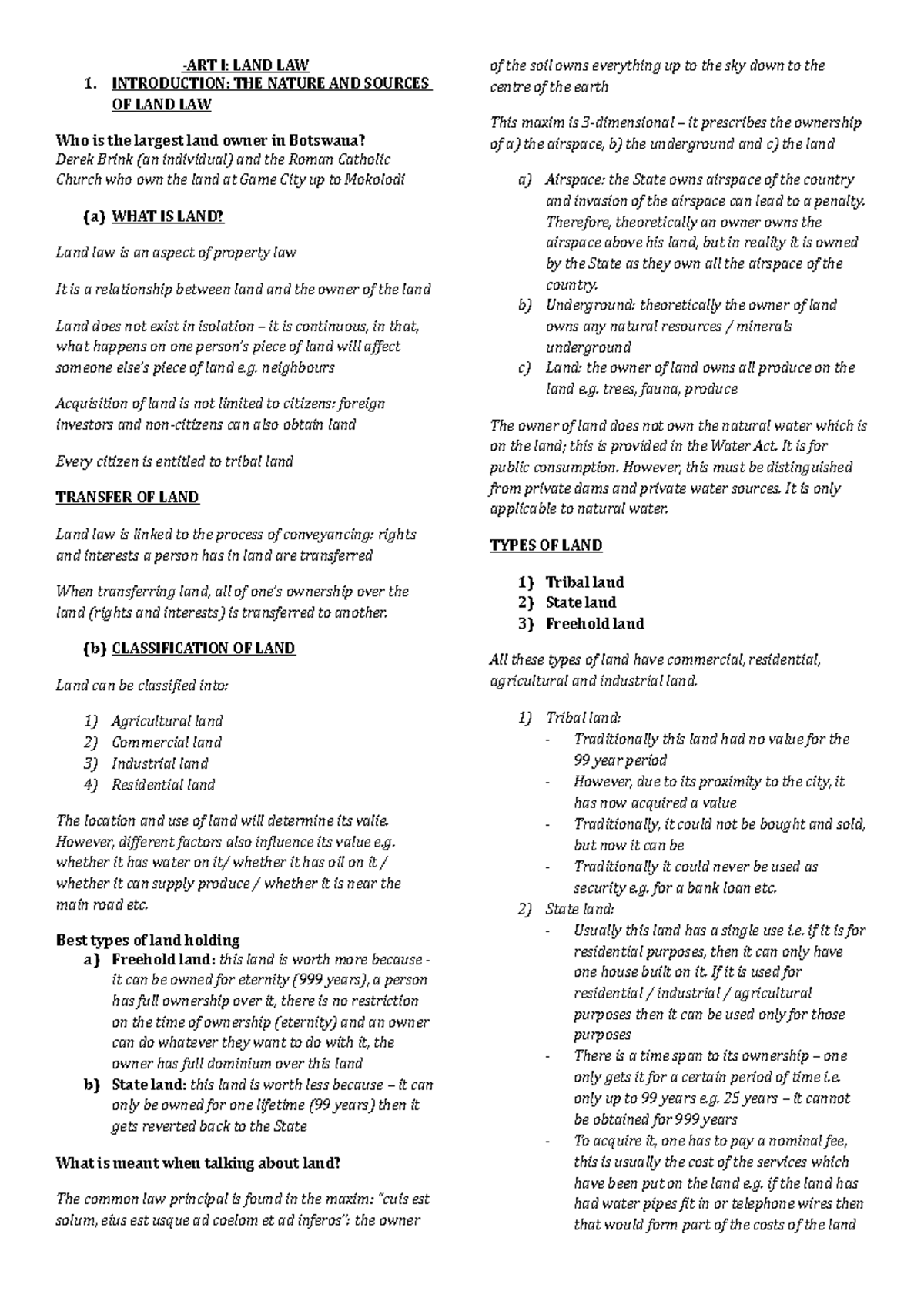 Land and mineral resources notes -ART I: LAND LAW 1. INTRODUCTION: THE ...