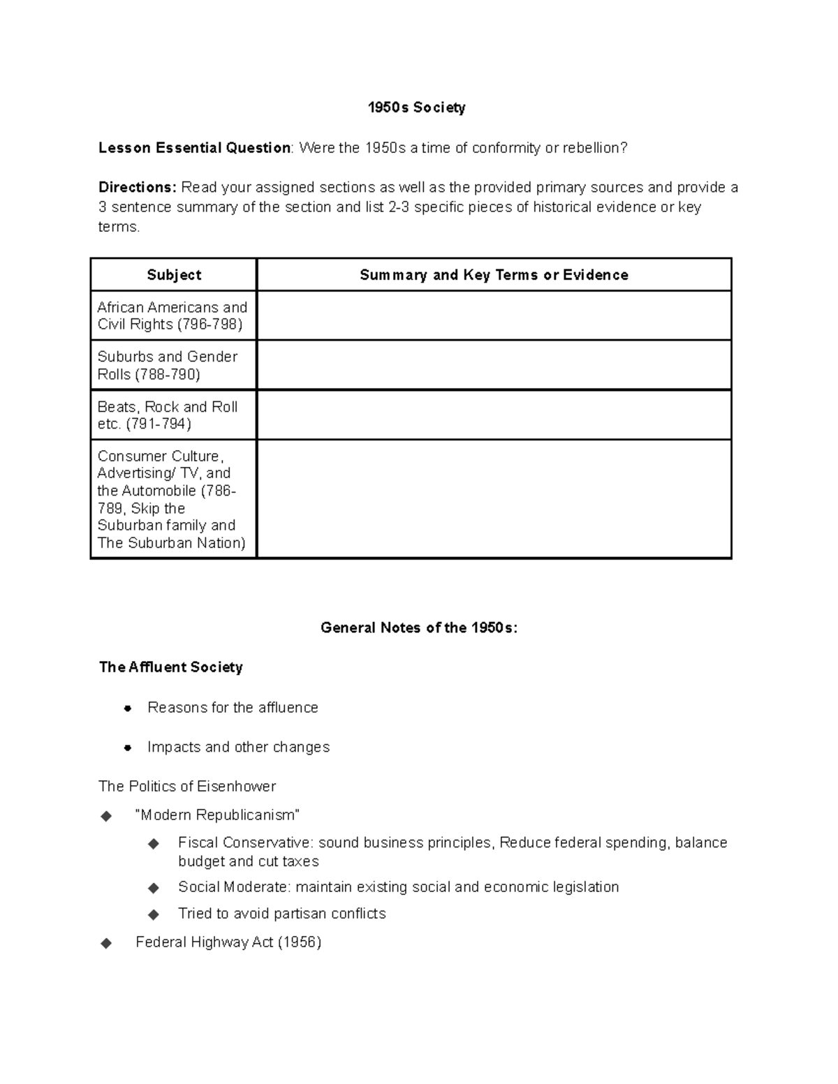 Copy of 1950s Society Notes and Jigsaw - 1950s Society Lesson Essential ...