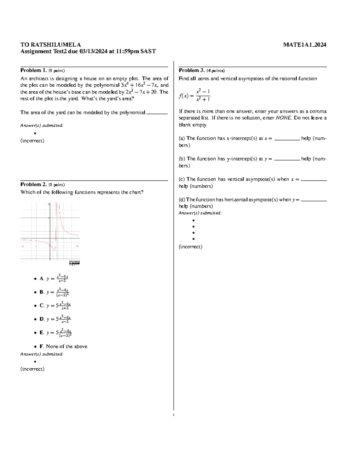 MATE1A1 2024 - Fryu - TO RATSHILUMELA MATE1A1 2024 Assignment Test2 due ...
