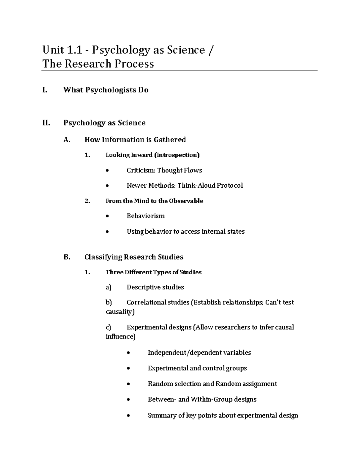 Unit 1.1 Outline - Notes! - Unit 1 - Psychology as Science / The ...