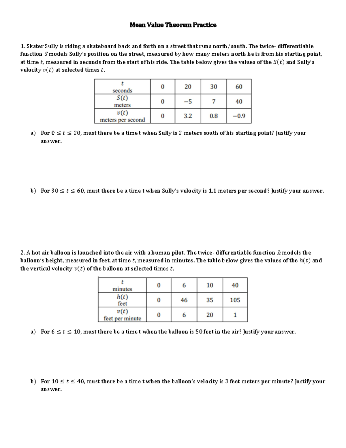 Mean Value Theorem Practice Worksheet Mean Value Theorem Practice