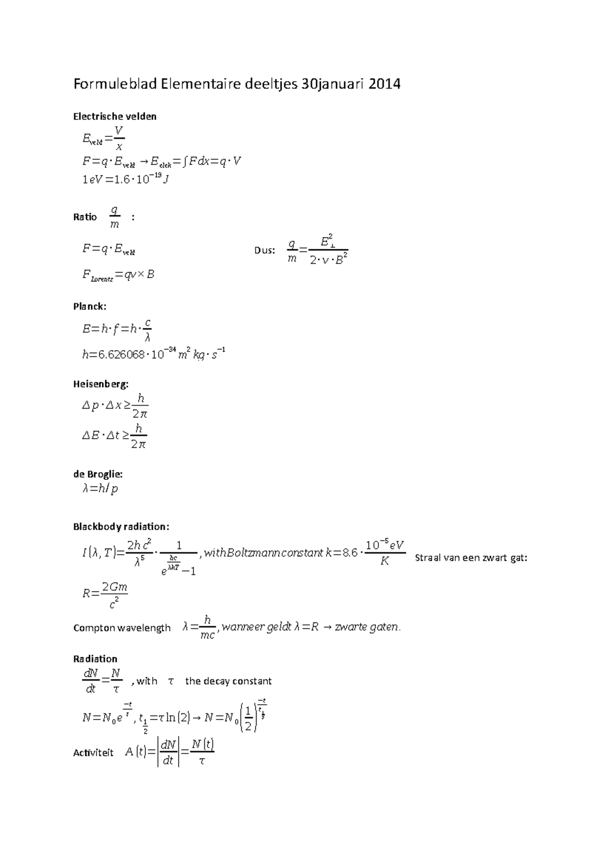 Samenvatting Formules Elementaire Deeltjes Fysica - Formuleblad ...