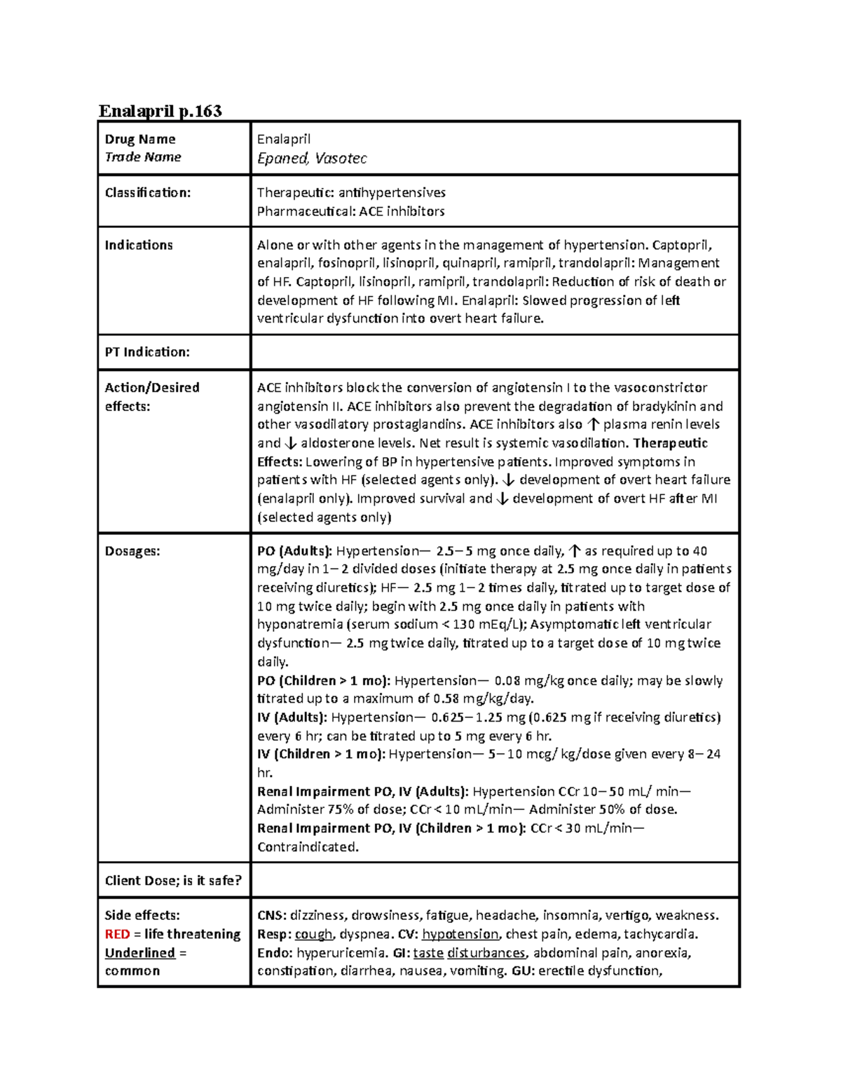 Meds (G) - Meds (G) - Enalapril p. Drug Name Trade Name Enalapril ...