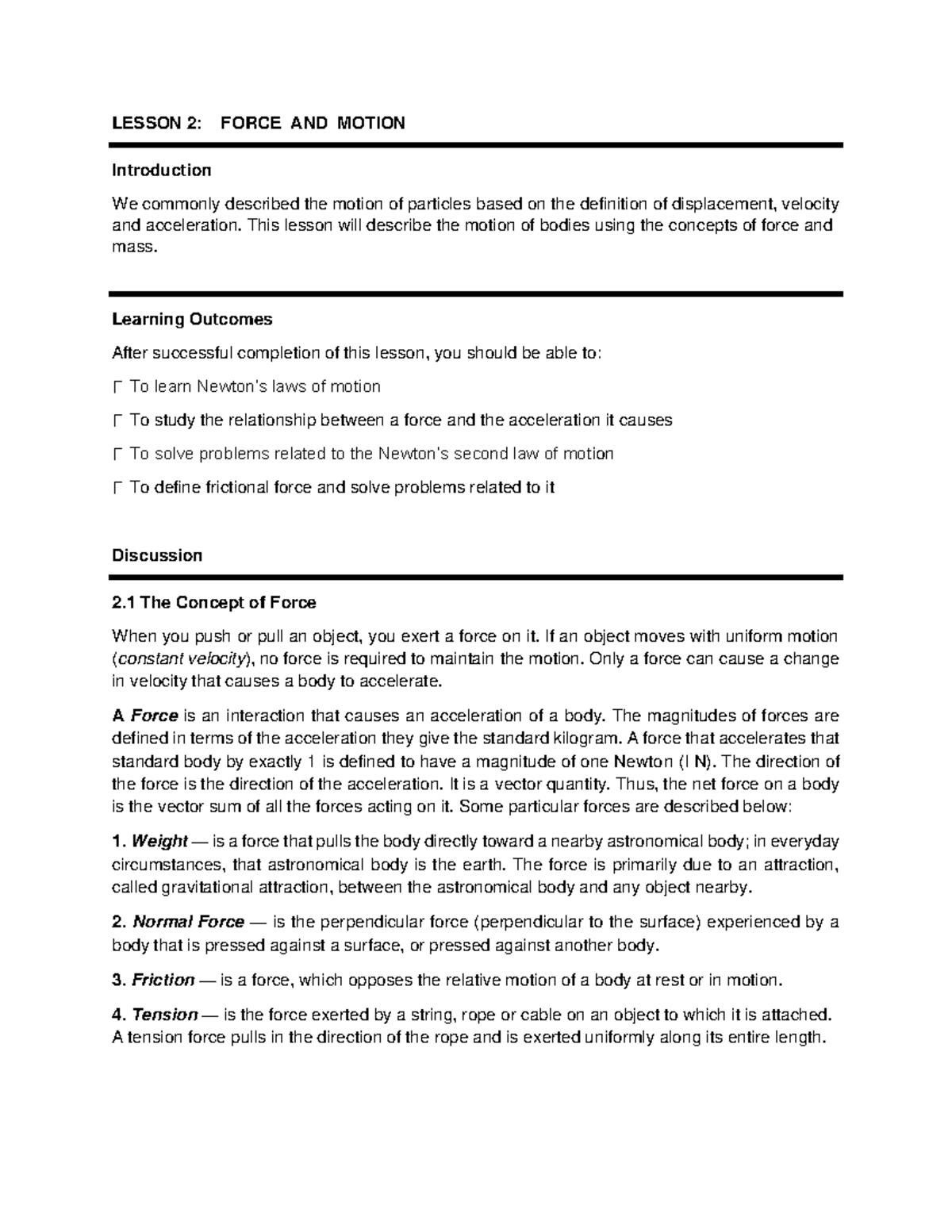 Lesson 2 Force AND Motion - LESSON 2: FORCE AND MOTION Introduction We ...