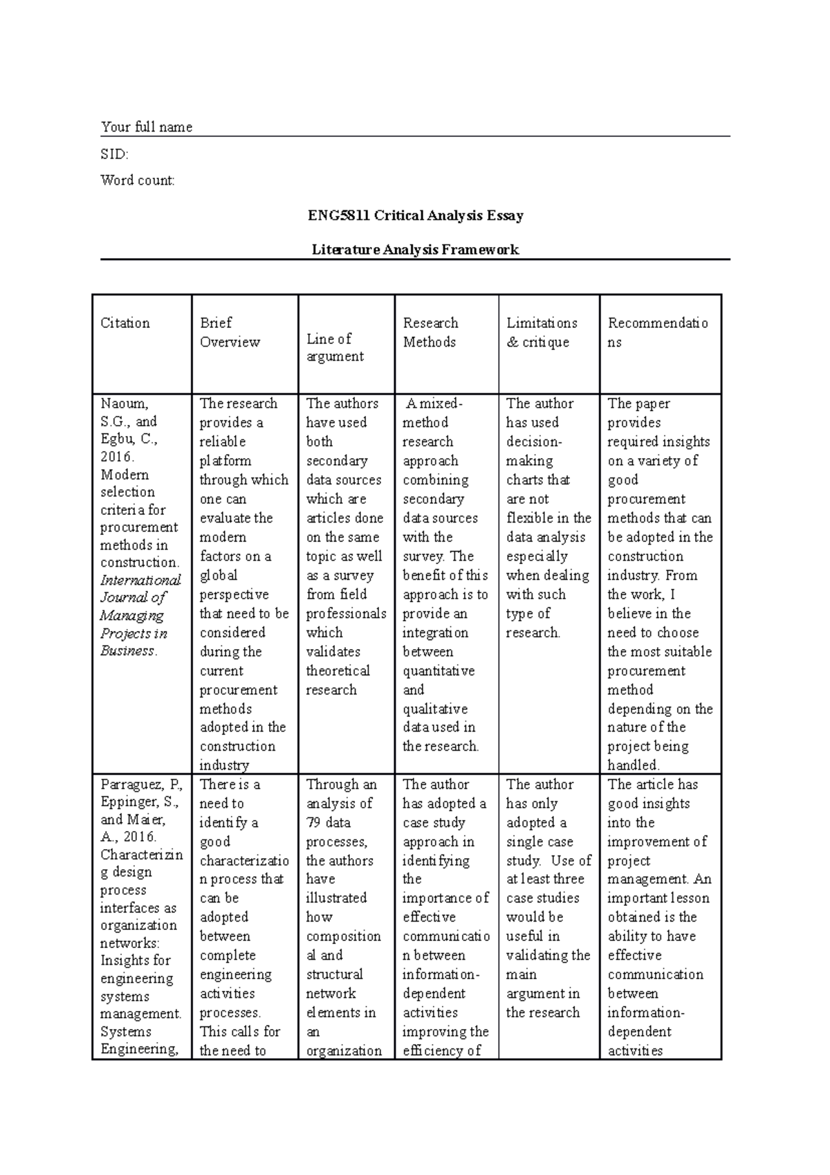 Literature Analysis Framework - Your full name SID: Word count: ENG5811 ...