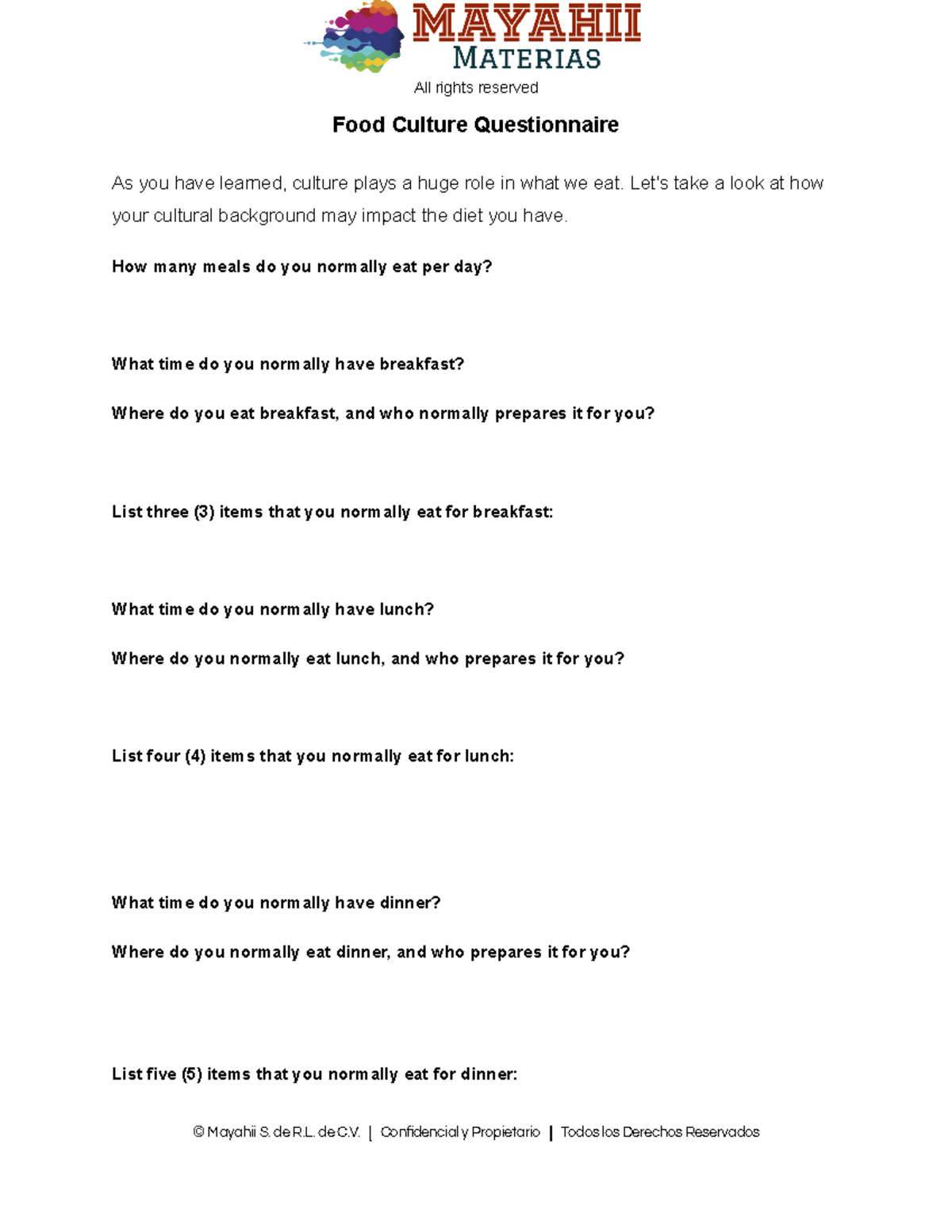 NW Bicu M2 L8.1 Food Culture Questionnaire - All rights reserved Food ...