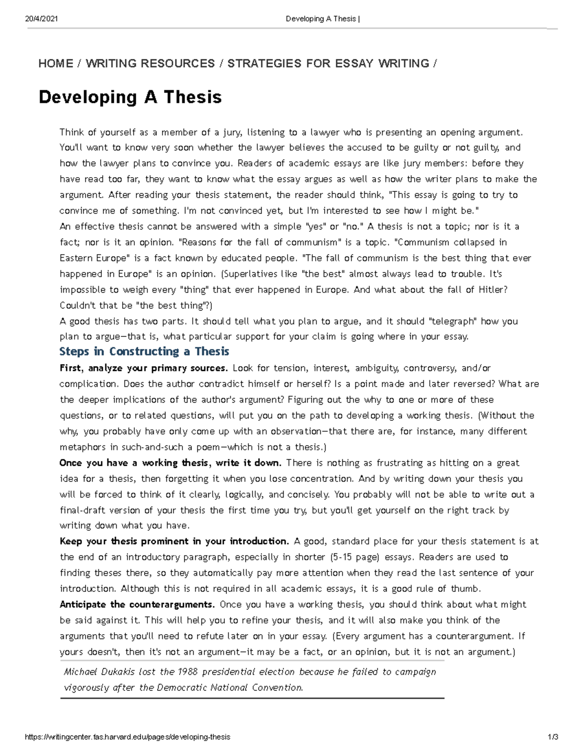 Developing A Thesis - Escr - 20/4/2021 Developing A Thesis | - Studocu