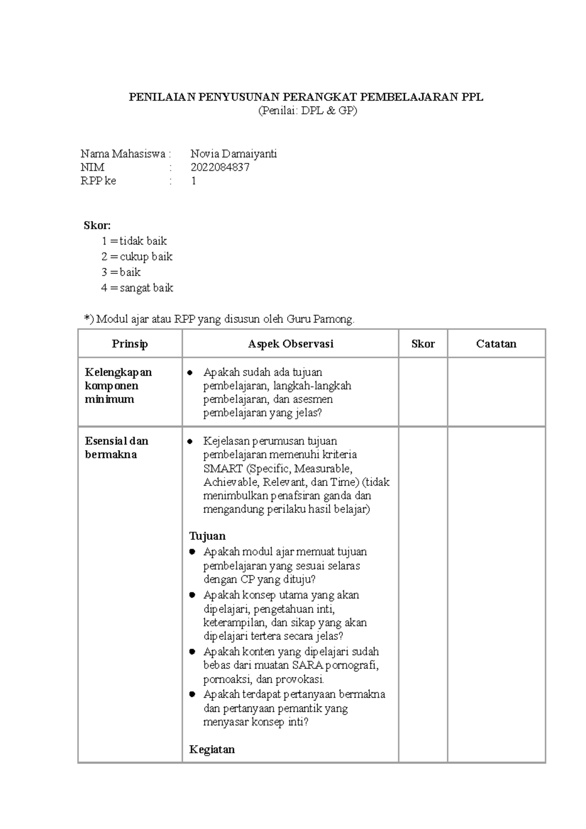 Format Penilaian Penyusunan Perangkat Pembelajaran novia - PENILAIAN ...