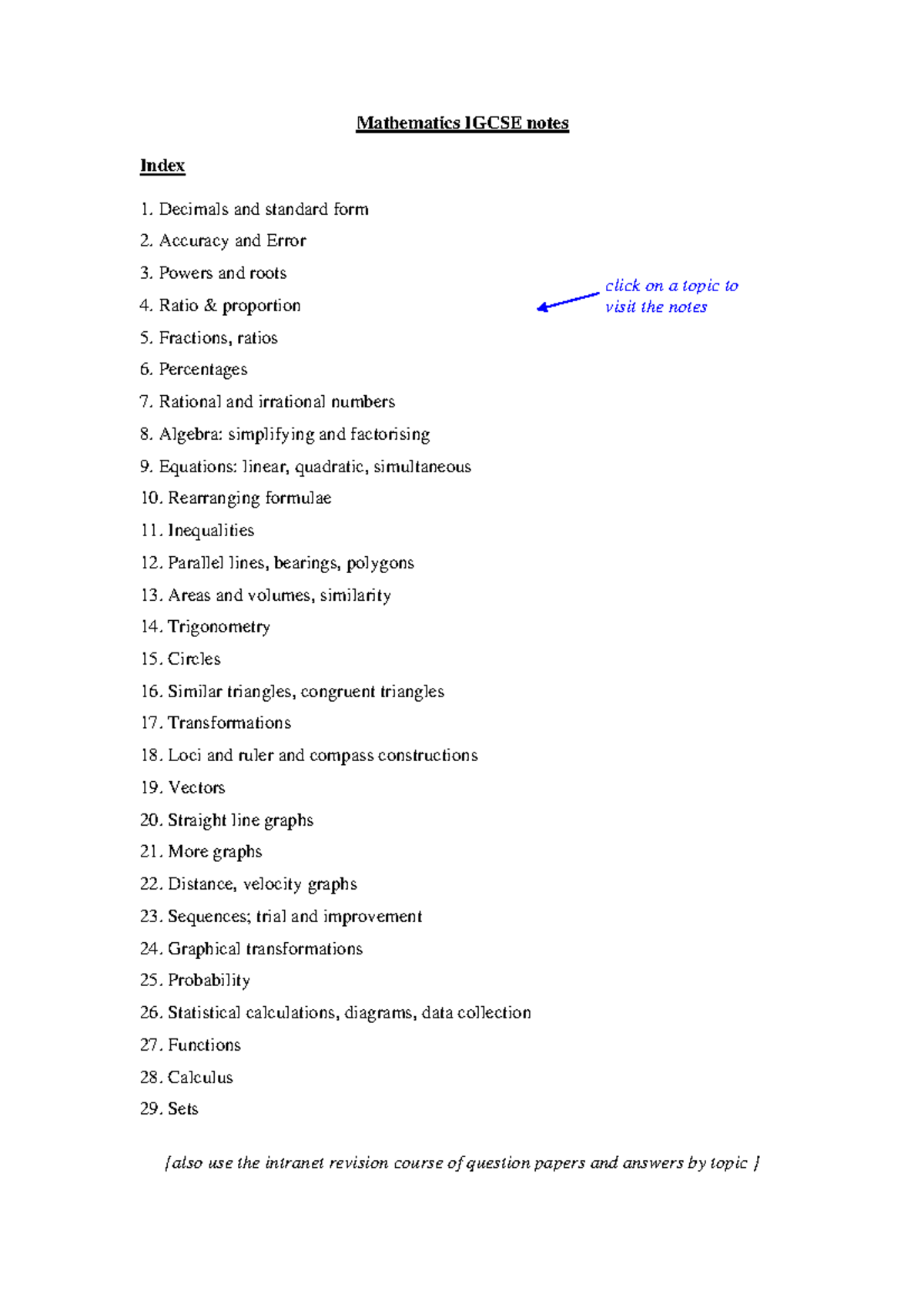 Pdfcoffee - NIL - Mathematics IGCSE notes Index Decimals and standard ...
