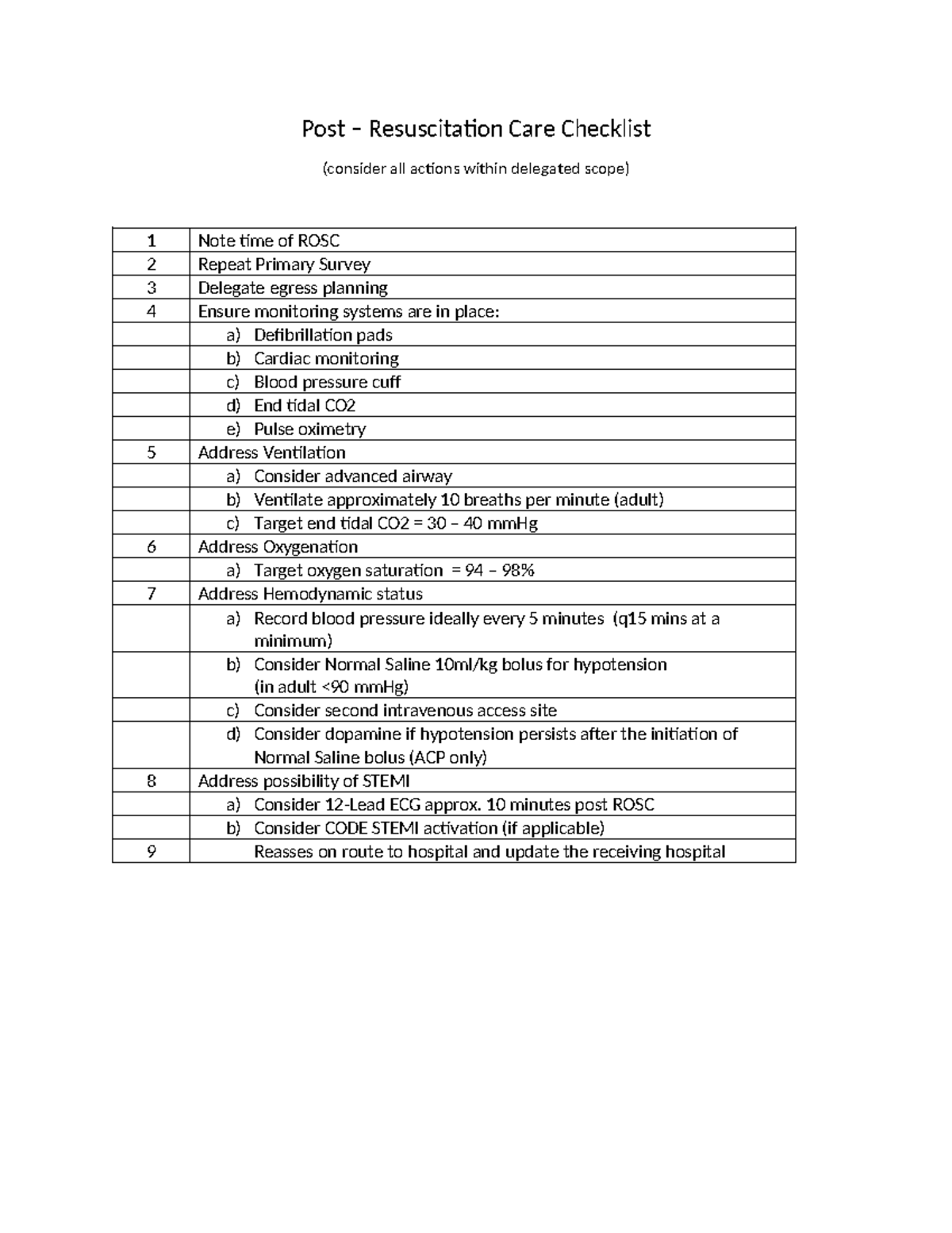 ROSC care checklist - Post – Resuscitation Care Checklist (consider all ...