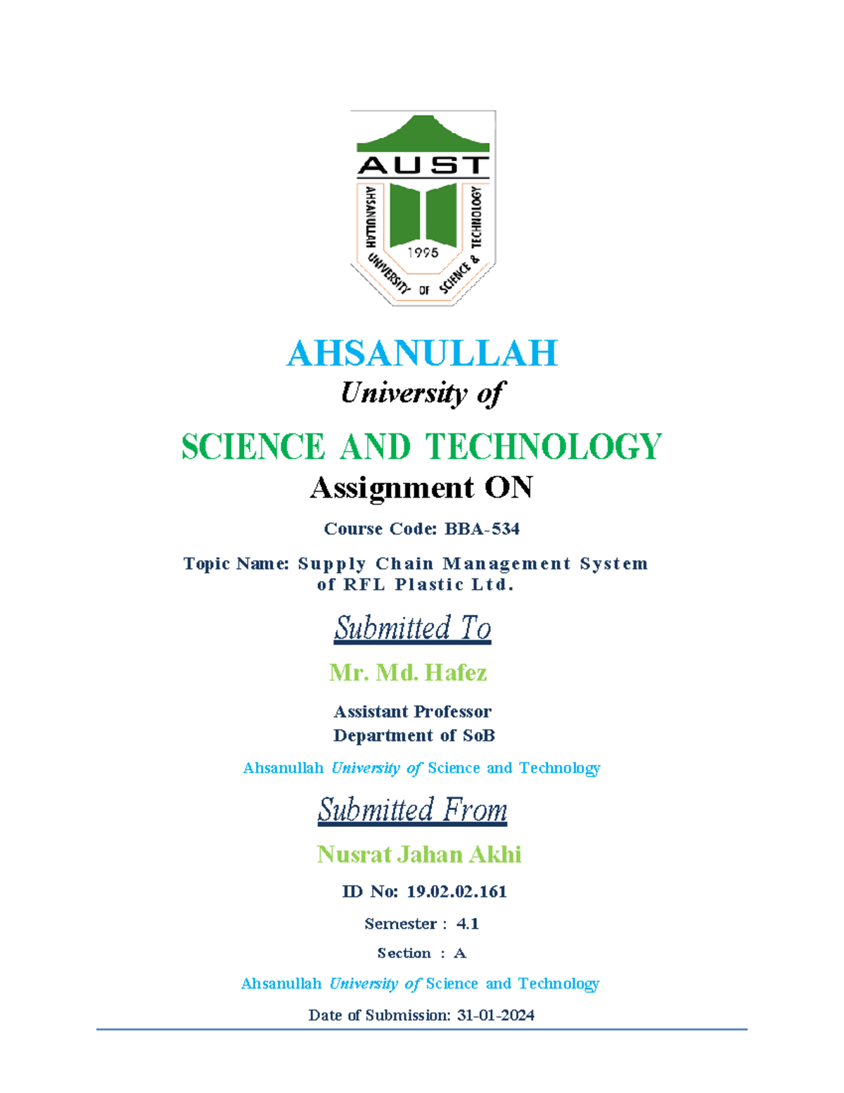Supply chain - AHSANULLAH University of SCIENCE AND TECHNOLOGY Assignment ON Course Code: BBA ...