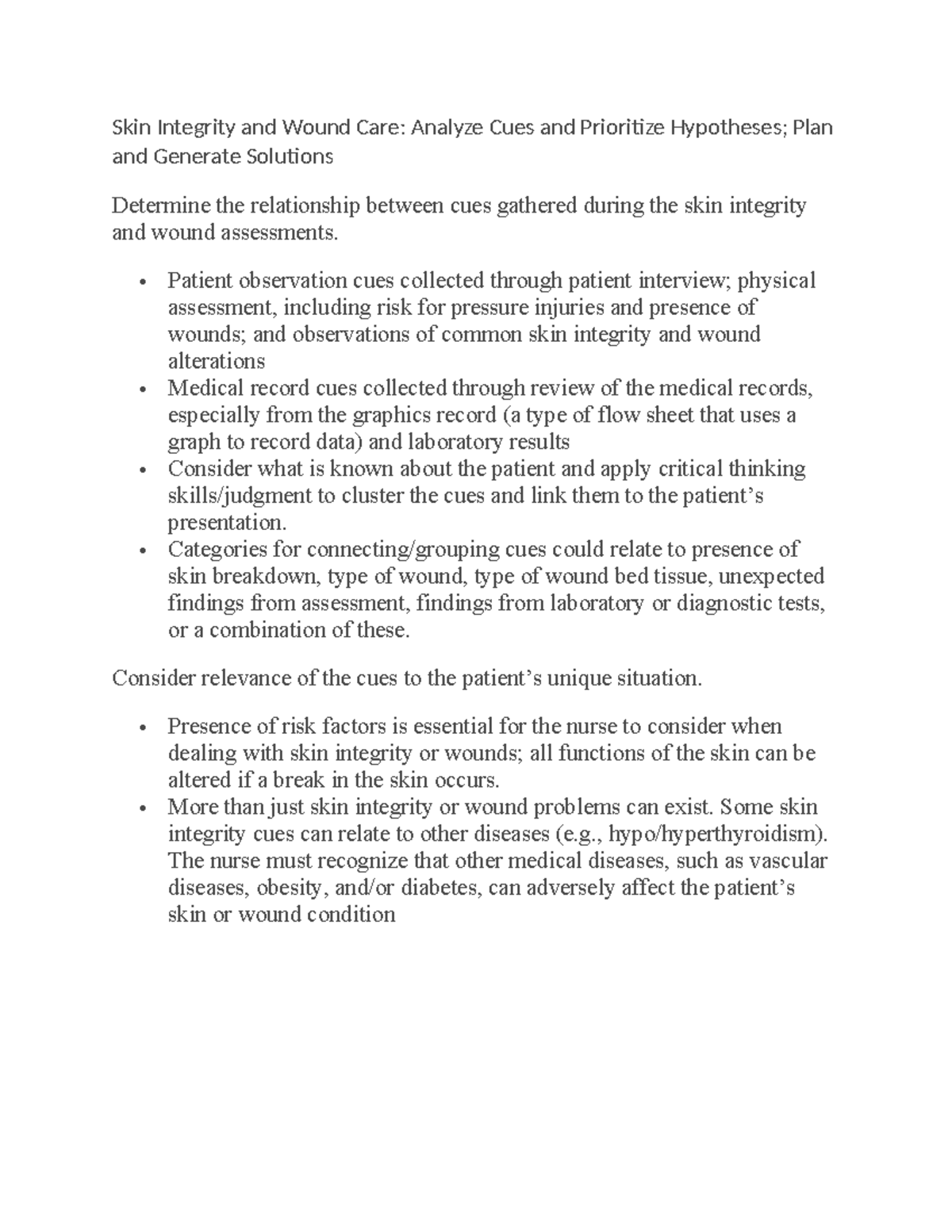 Skin Integrity and Wound Care: - Patient observation cues collected ...