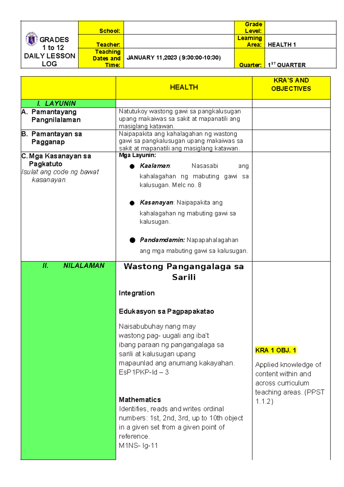 COT 2 DLL Grade 1 DETAILED LESSON PLAN - GRADES 1 to 12 DAILY LESSON ...