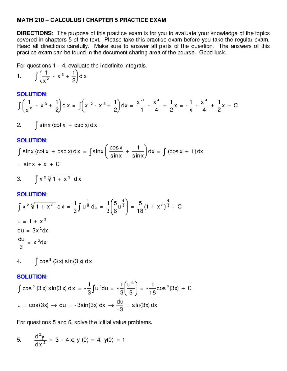 MAT 210 - Calculus I chapter 5 practice exam solutions - MATH 210 ...