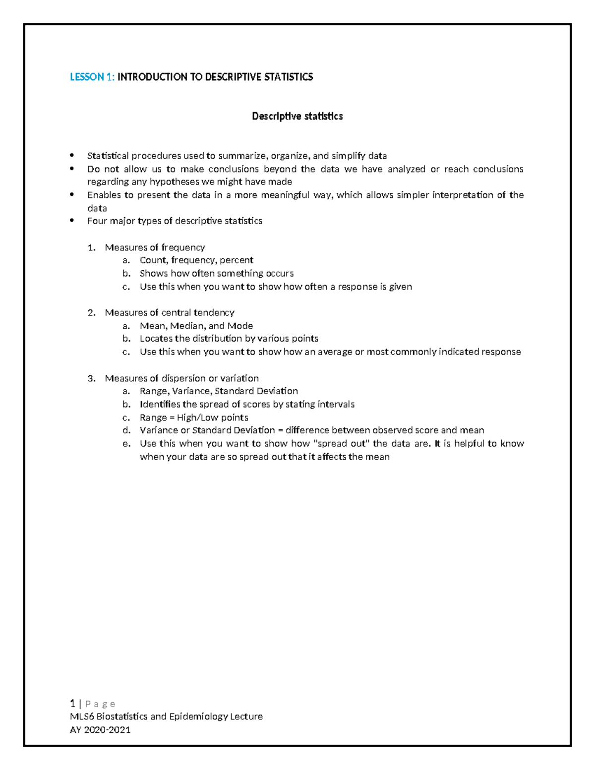 Biostatistics Module 2 Midterms - LESSON 1: INTRODUCTION TO DESCRIPTIVE STATISTICS Descriptive ...