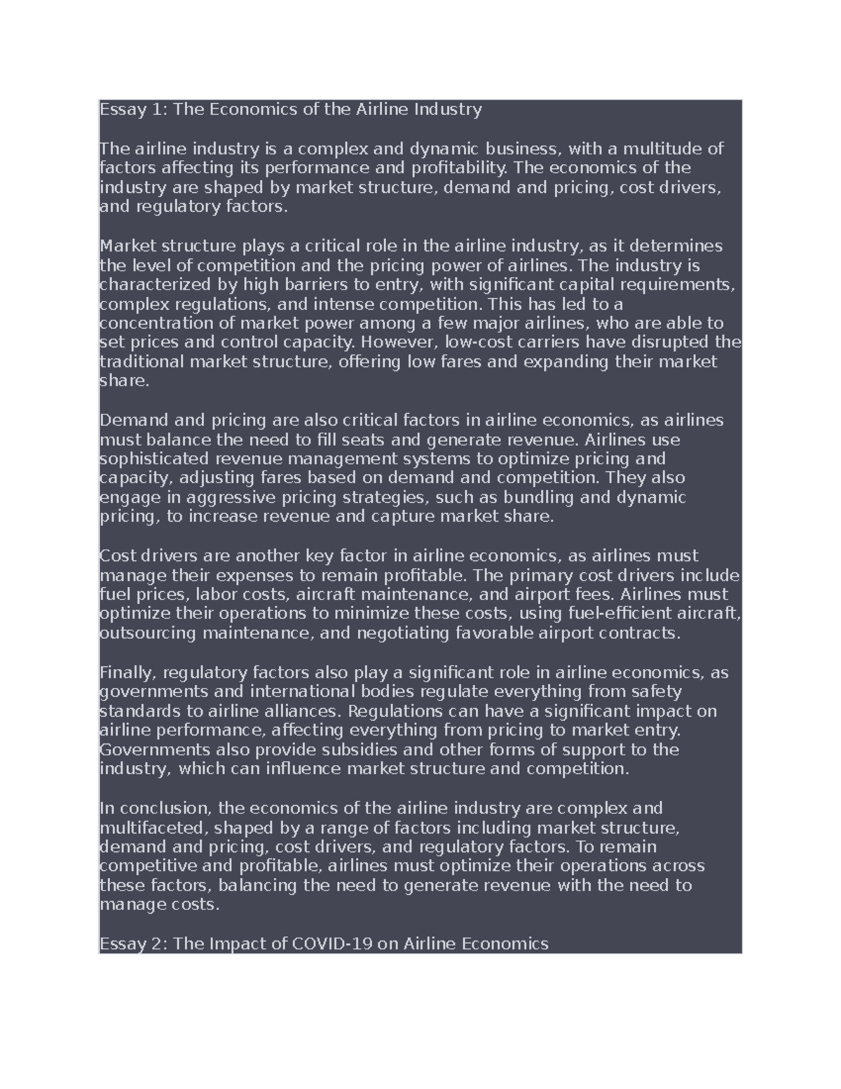 Aviation industry - Essay 1: The Economics of the Airline Industry The ...