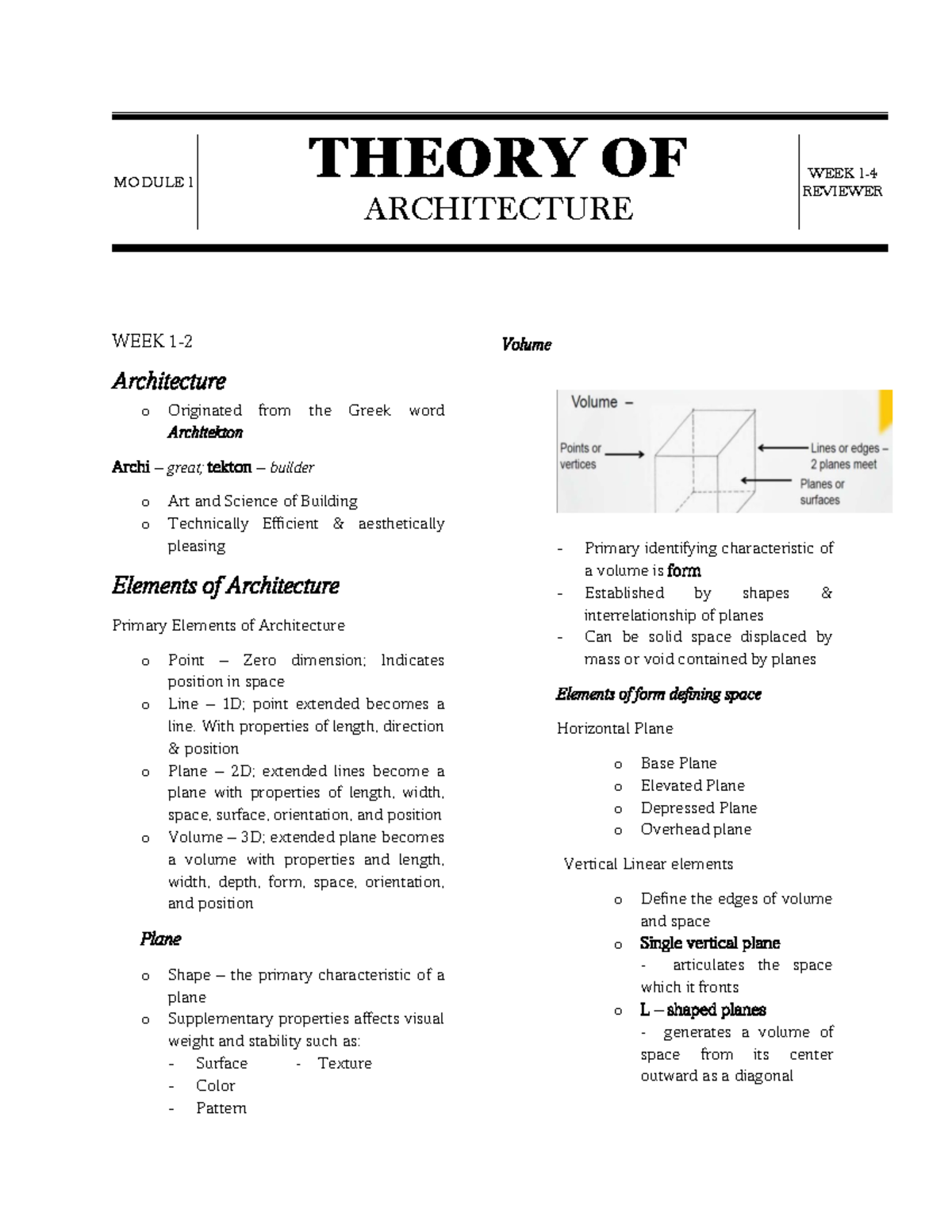 Theory Of Architecture Reviewer- Module-1 - MODULE 1 THEORY OF ARCHITECTURE WEEK 1- REVIEWER ...