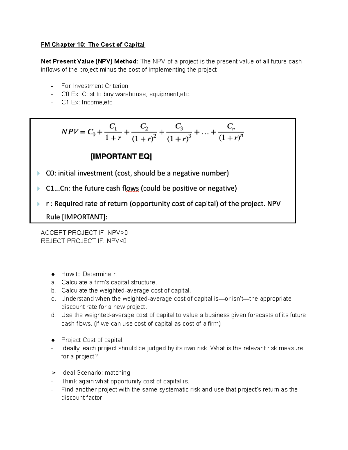 FM Chapter 10 Notes - Professor: Zhou (Fundamentals of Corporate ...