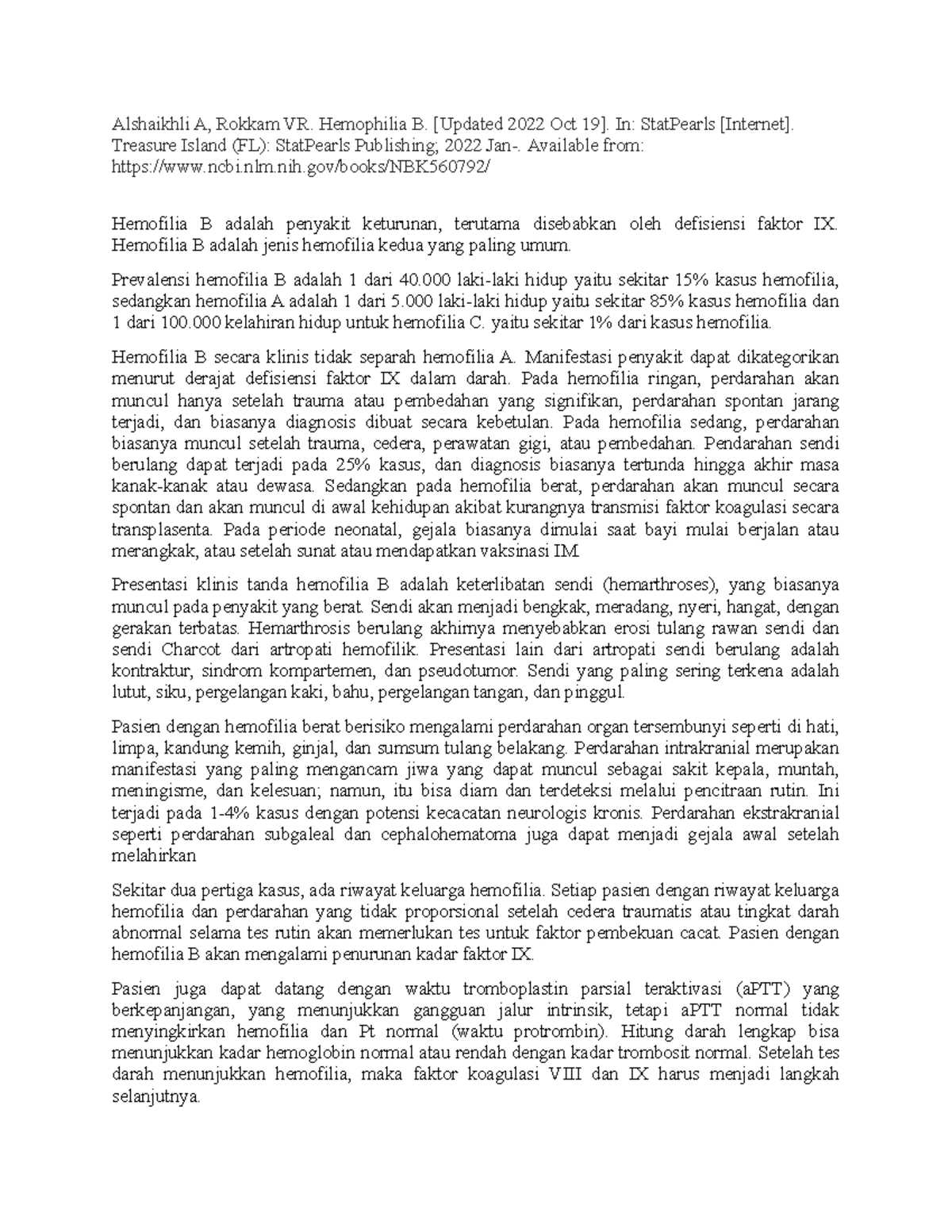 Hemofilia B - catatan - Alshaikhli A, Rokkam VR. Hemophilia B. [Updated ...