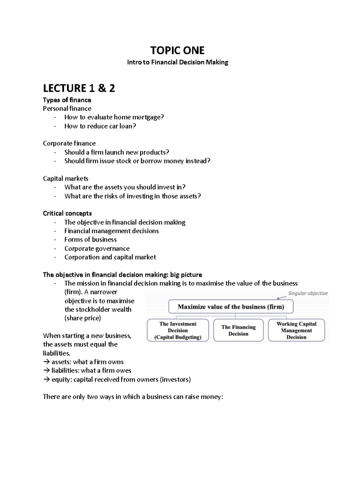 BSNS114 - Financial Decision Making full year notes - TOPIC ONE Intro ...