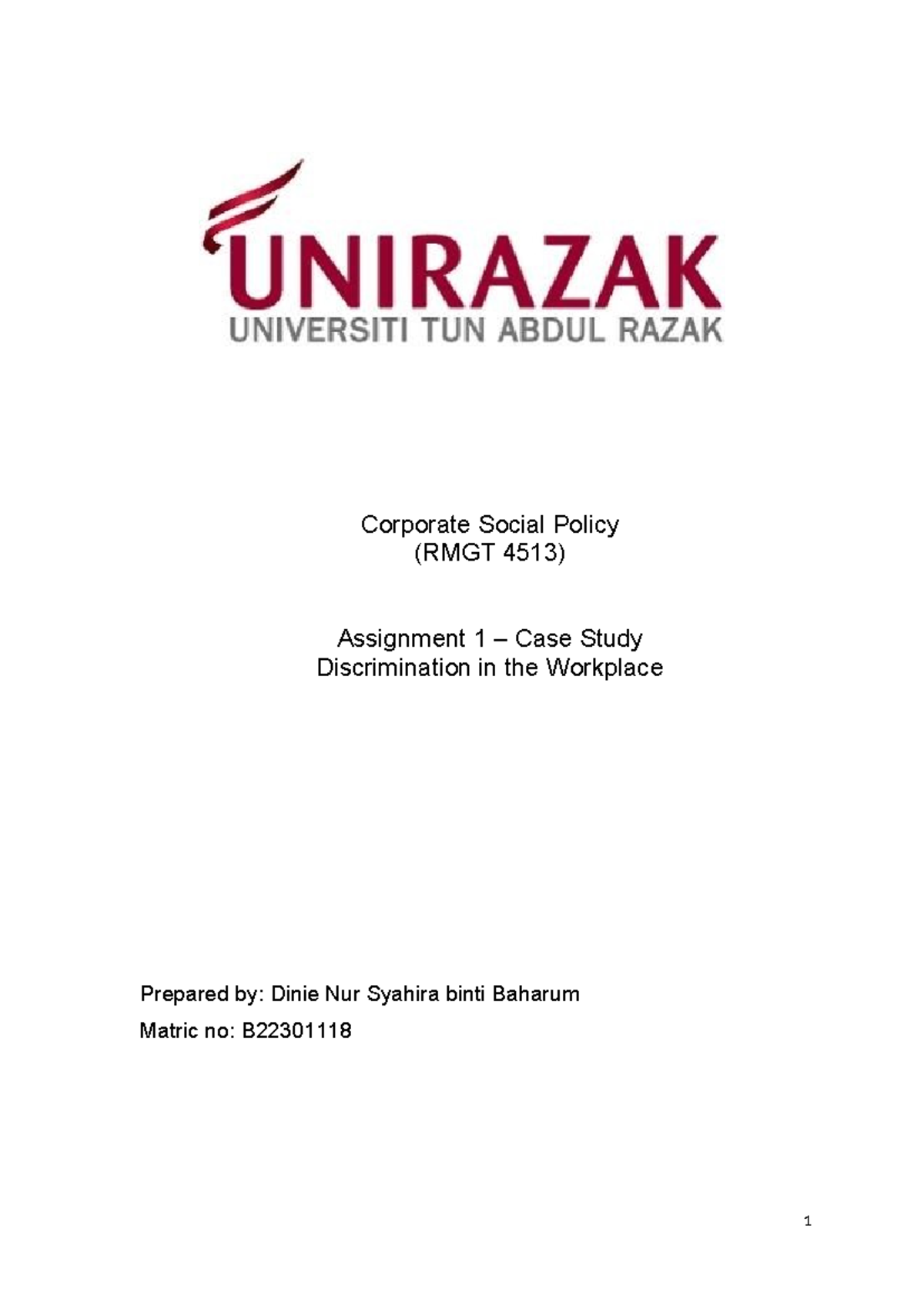 Assignment 1 - Case Study - Corporate Social Policy (RMGT 4513 ...