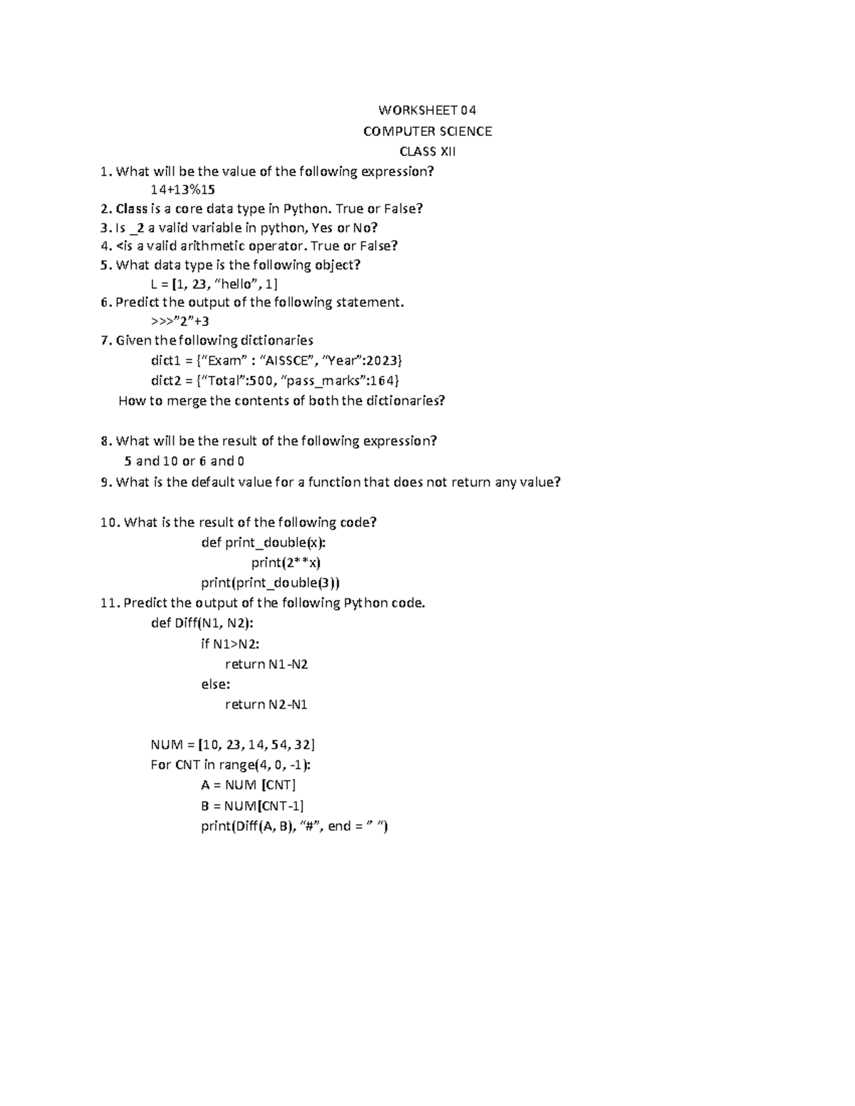 C.S Worksheet 04 XII - WORKSHEET 04 COMPUTER SCIENCE CLASS XII What ...