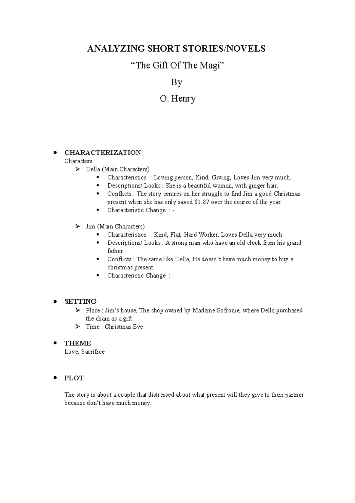 ANALYZING SHORT STORIES/NOVELS “The Gift Of The Magi” By O. Henry ...