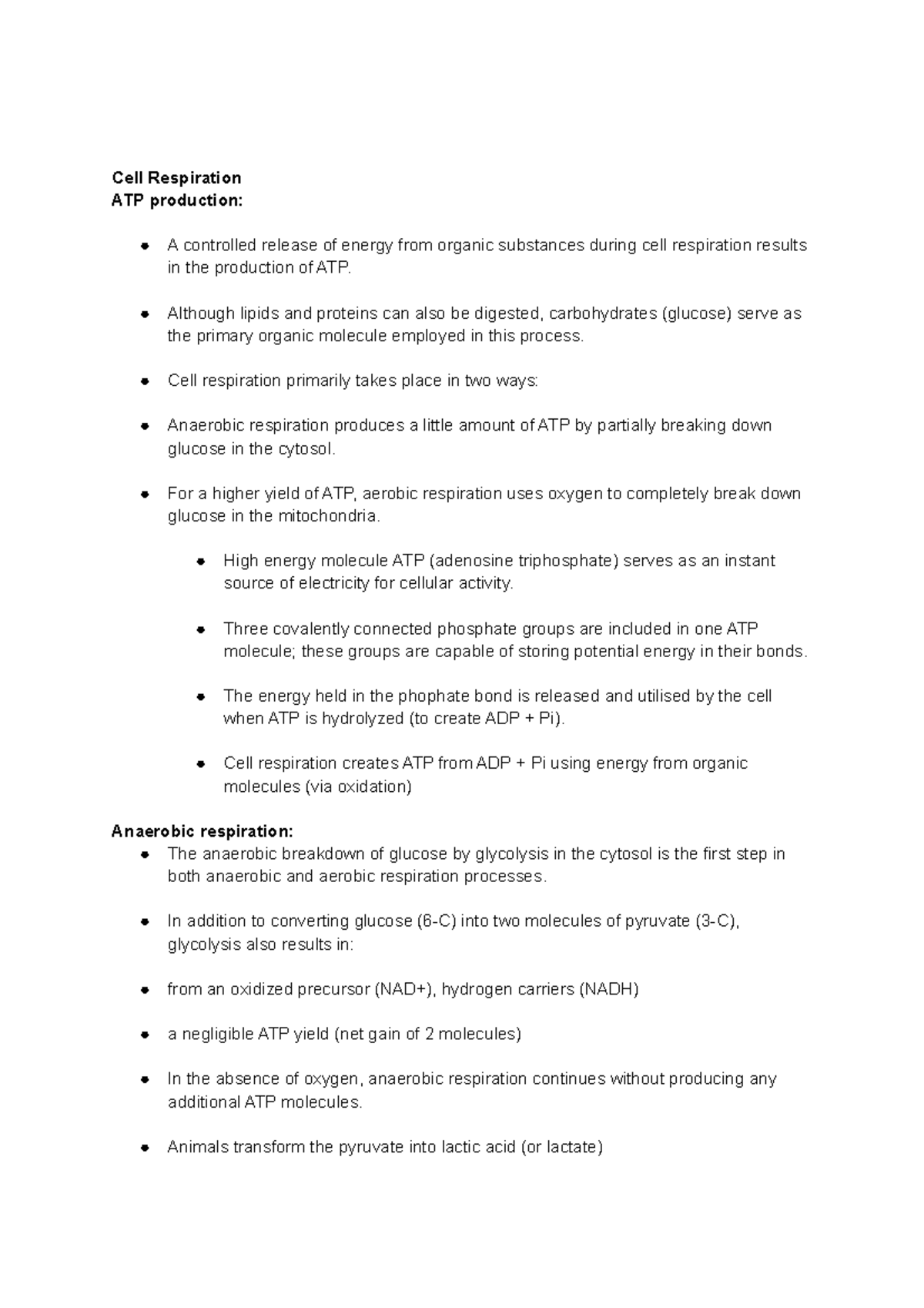 Module 6 - lecture notes on cell respiration - Cell Respiration ATP ...