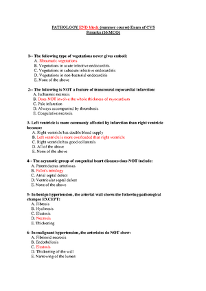 C V S Pathology MCQ - a practice materials - MCQ Cardio 1- Most common ...