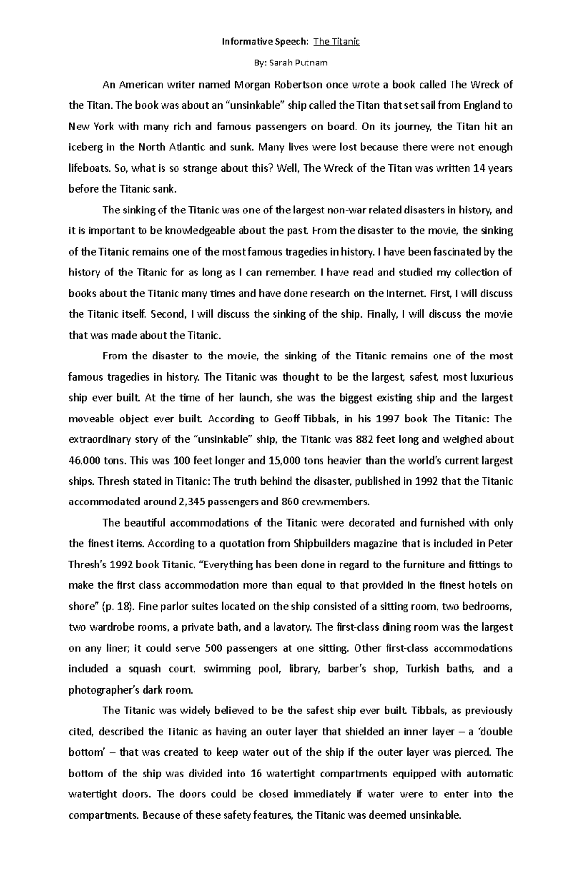 Informative Speech Sample - Informative Speech: The Titanic By: Sarah ...