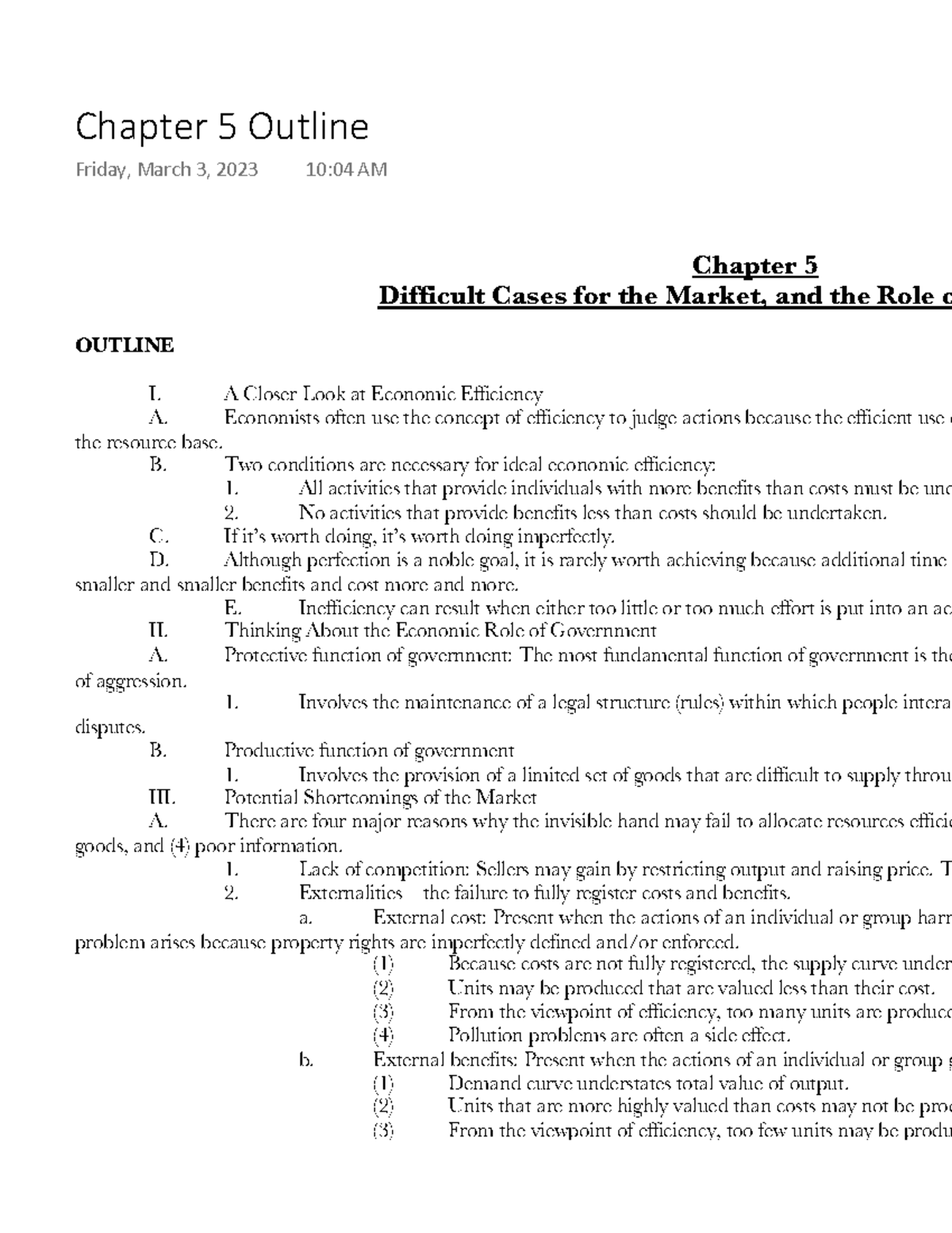 Chapter 5 Outline - ECON - Chapter 5 Difficult Cases for the Market ...