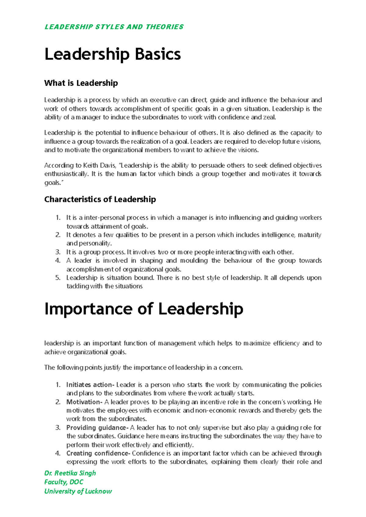 Leadership Basics - Dr. Reetika Singh Faculty, DOC Leadership Basics ...
