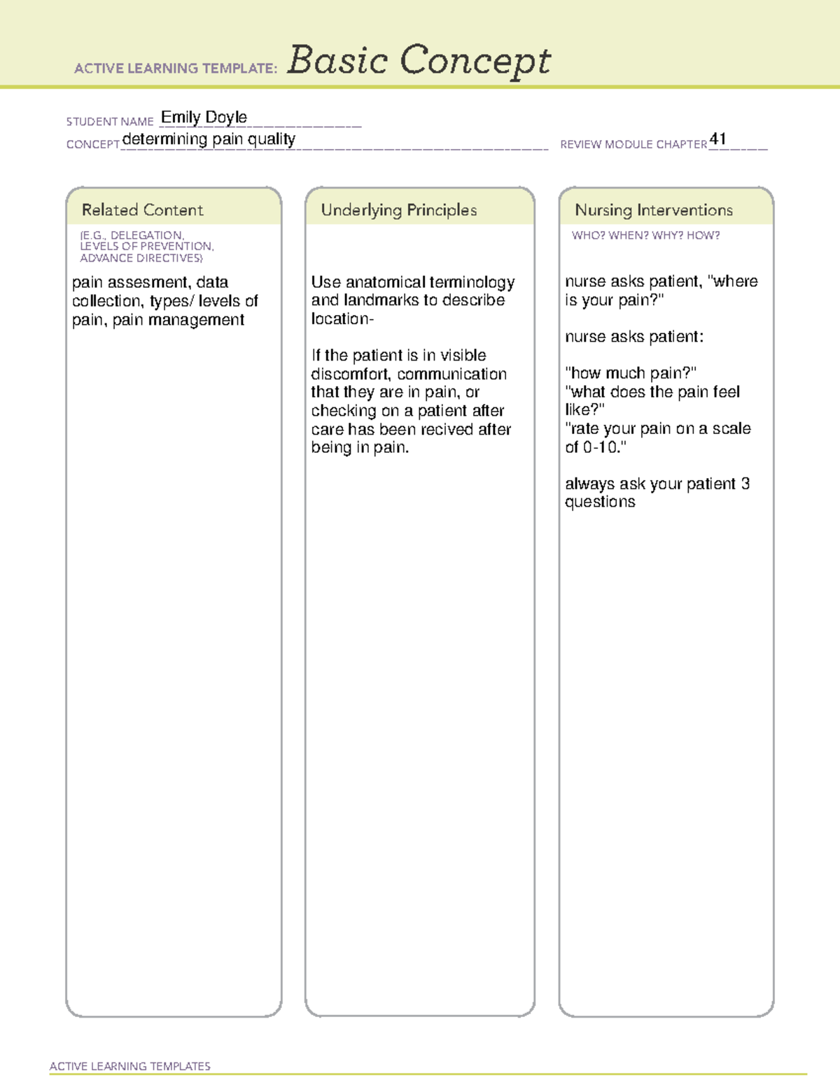 Basic concept pain quality - NUR 310 - ACTIVE LEARNING TEMPLATES Basic ...