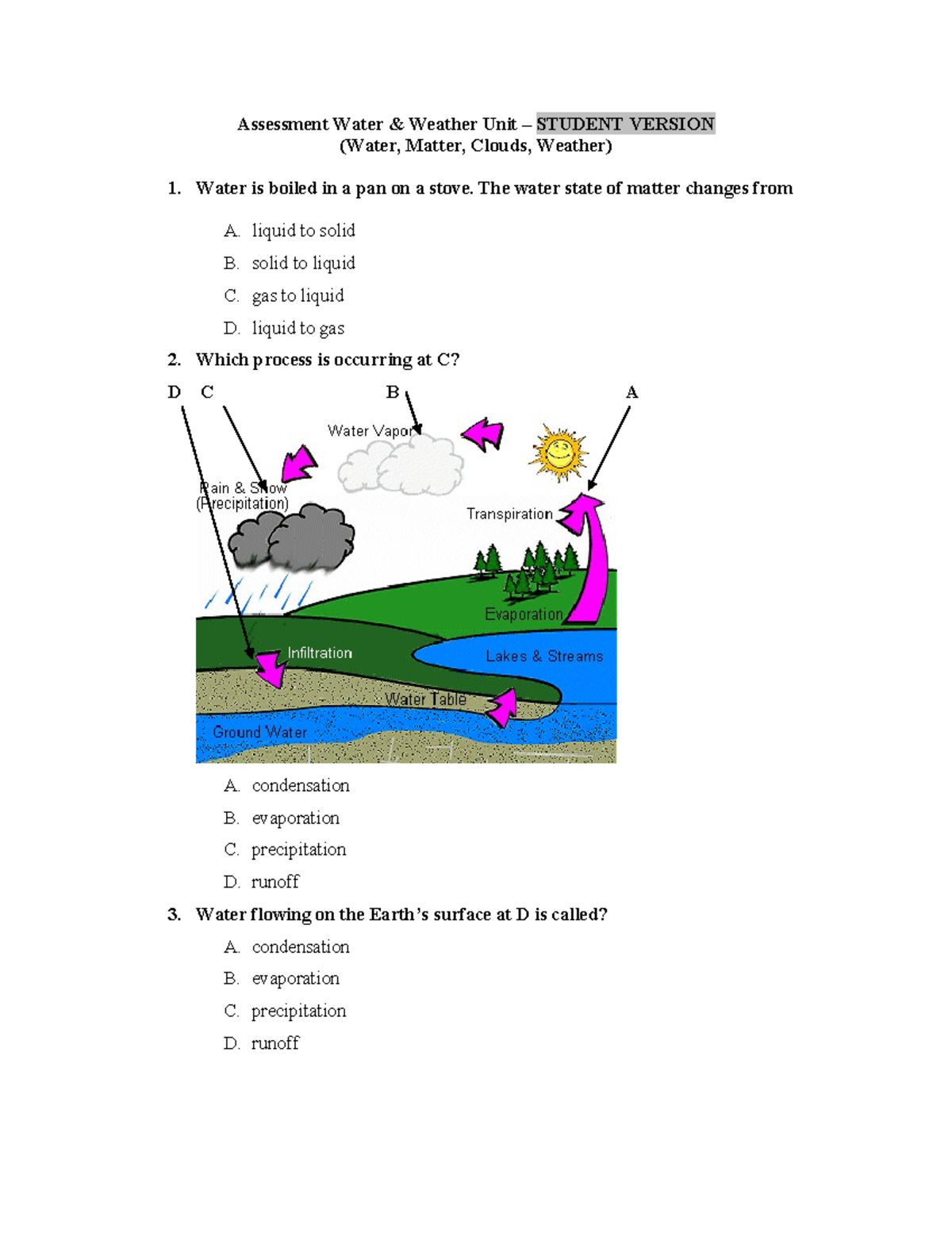Jontavius Williams - Water Cycle Quiz - Assessment Water & Weather Unit ...