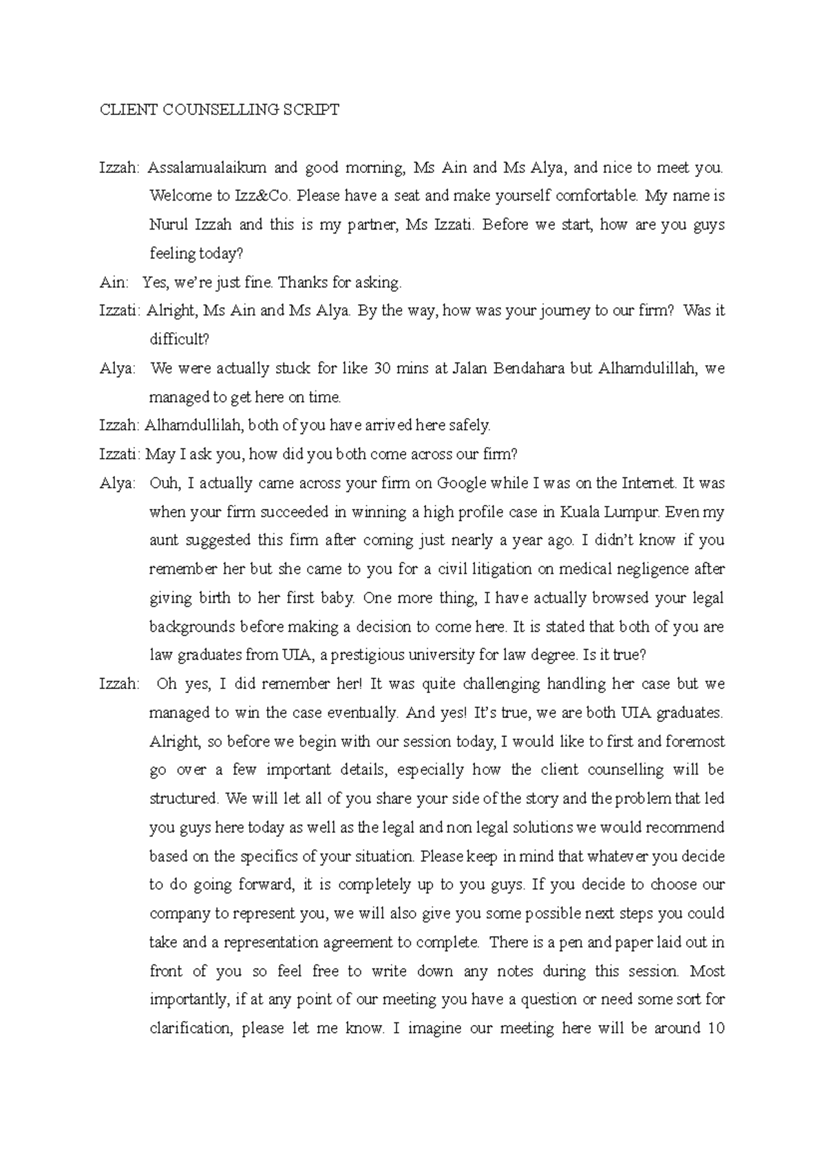 Client Counseling Script - CLIENT COUNSELLING SCRIPT Izzah ...