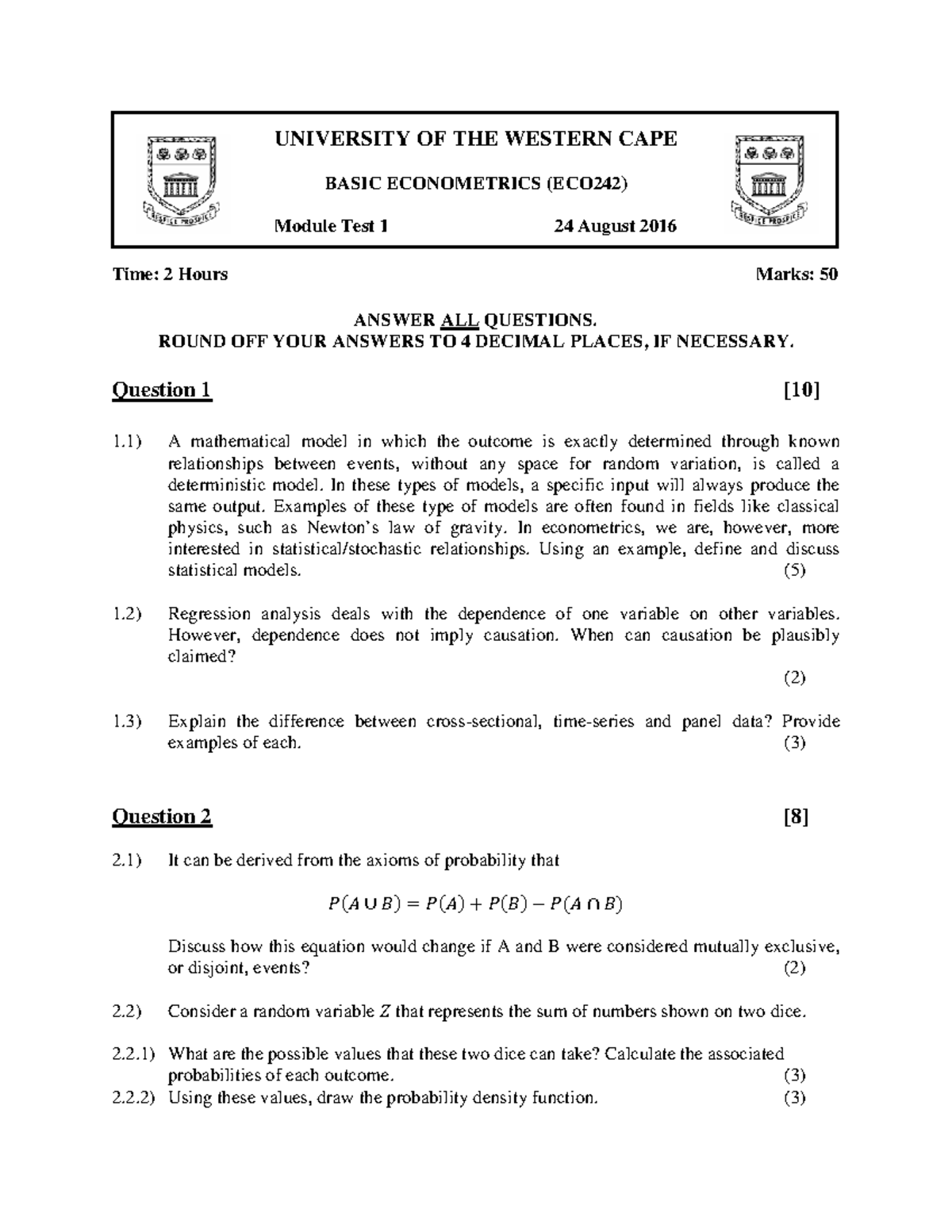 ECO242-2016-08-24 Module Test 1 - UNIVERSITY OF THE WESTERN CAPE BASIC ...