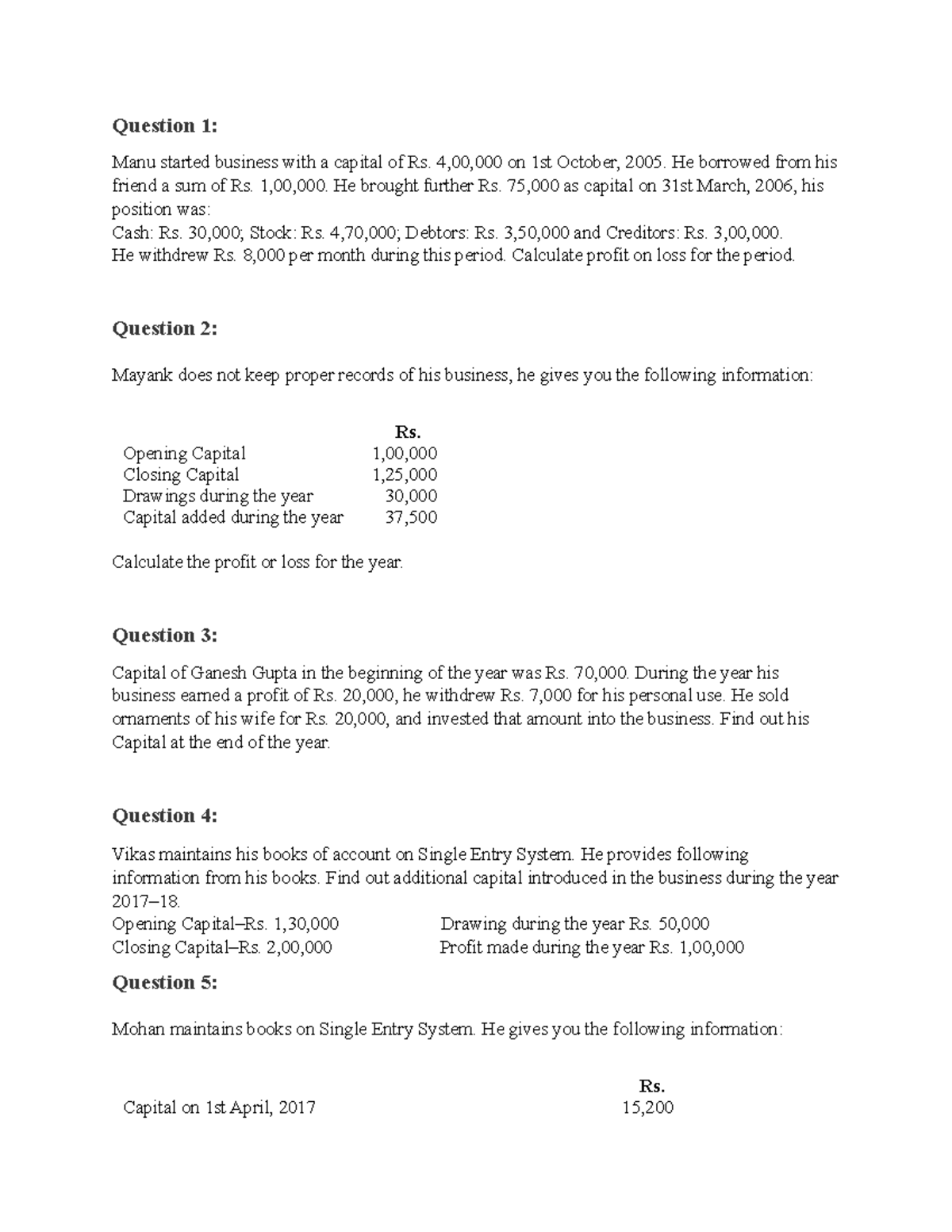 Single Entry- practice questions- incomplete records - Question 1: Manu ...