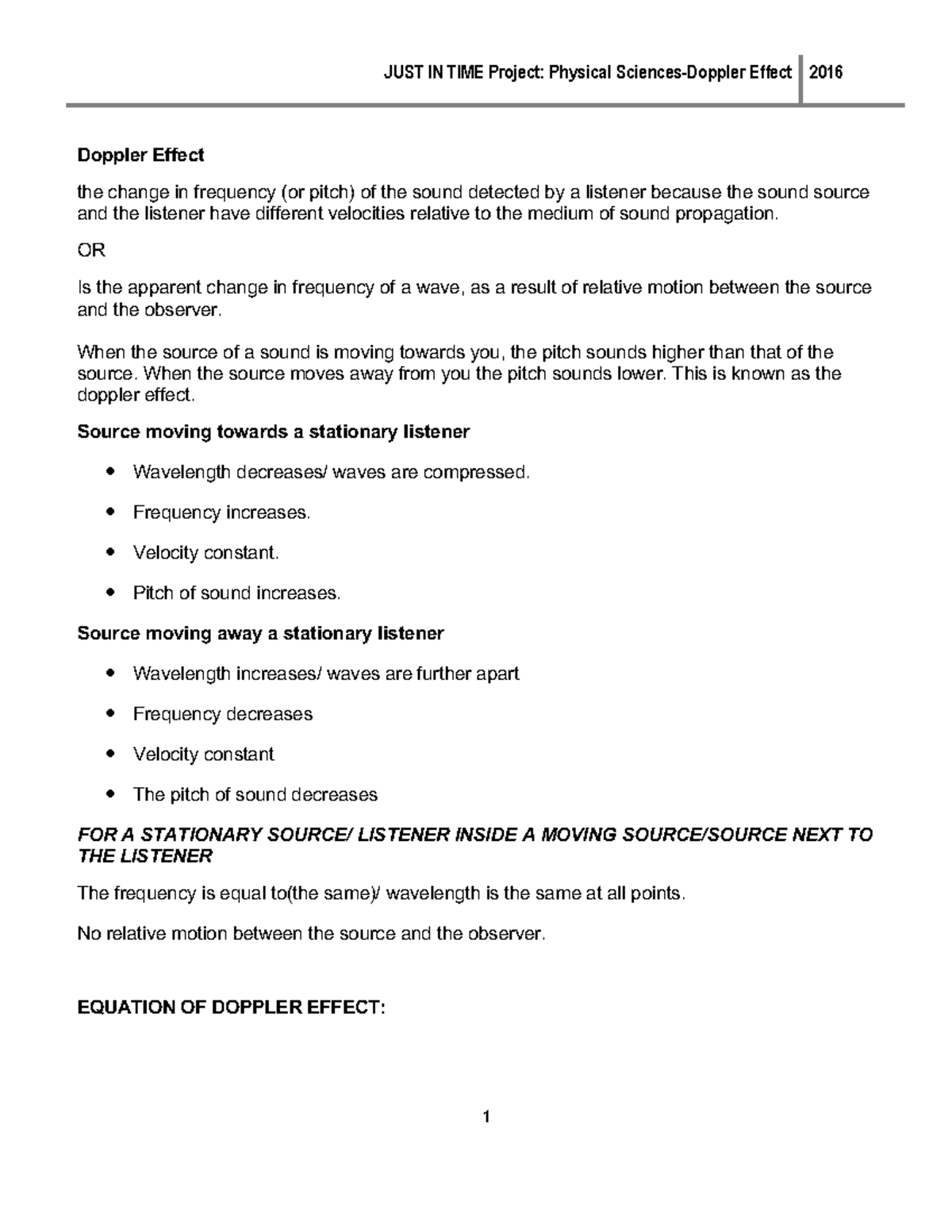 Physical Science Doppler Effect Notes Secondary - Doppler Effect the ...